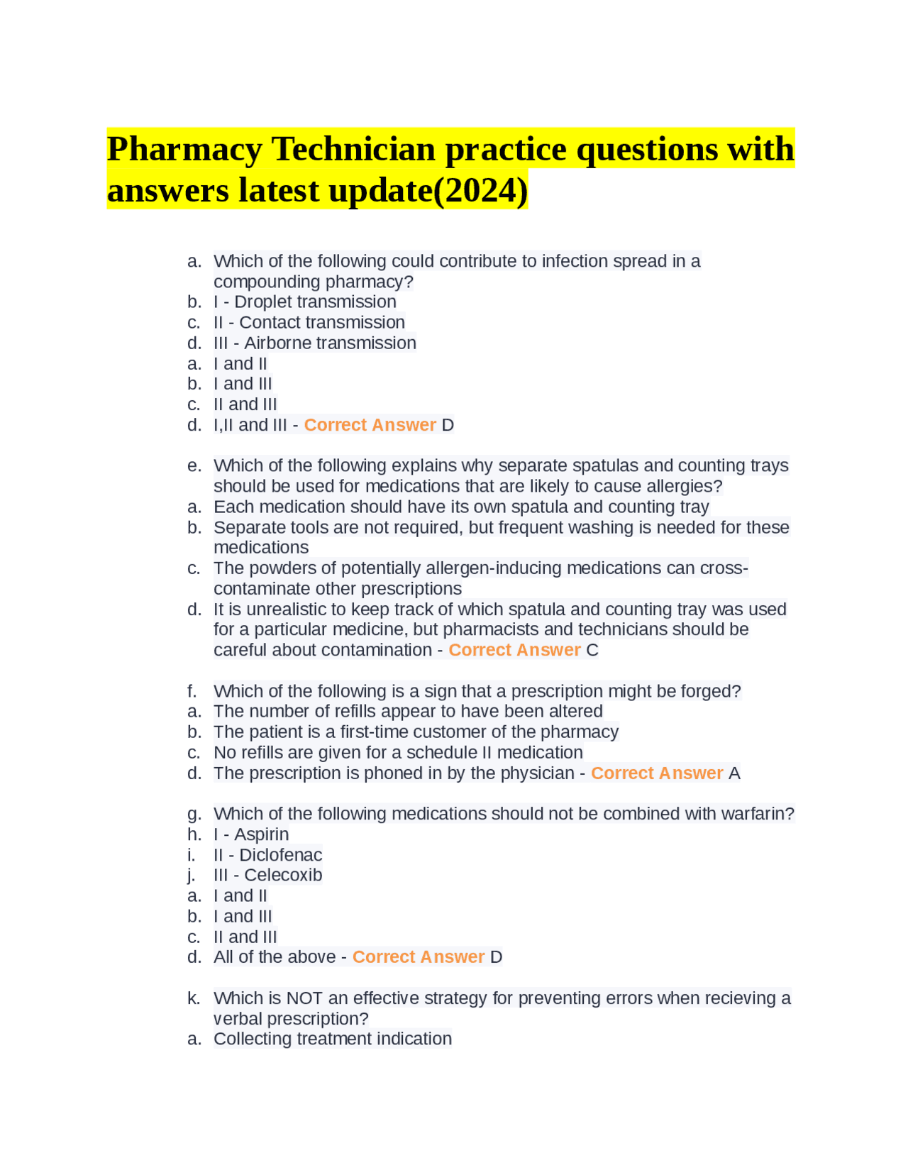 Pharmacy Technician practice questions with answers latest update(2024 ...