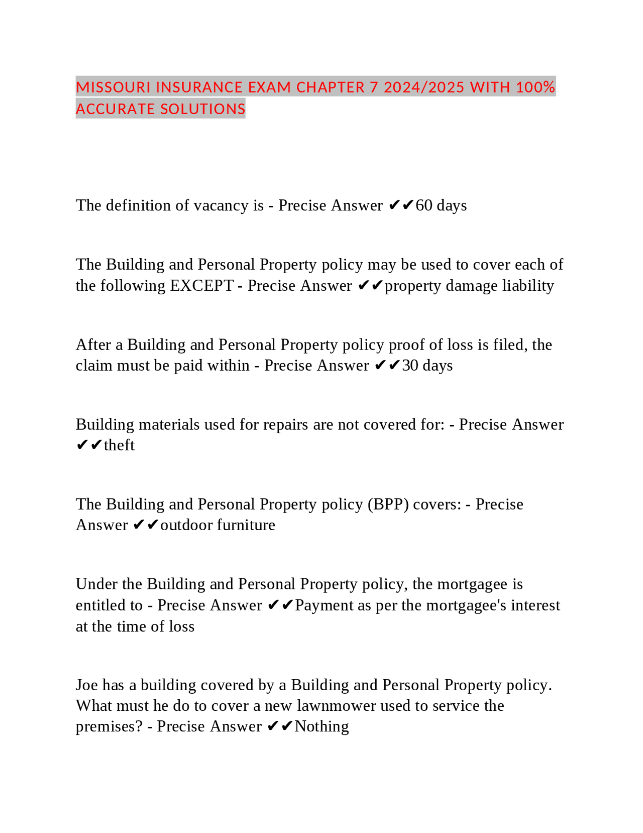 Missouri Insurance Exam Chapter 7 2024/2025 with 100% Accurate ...