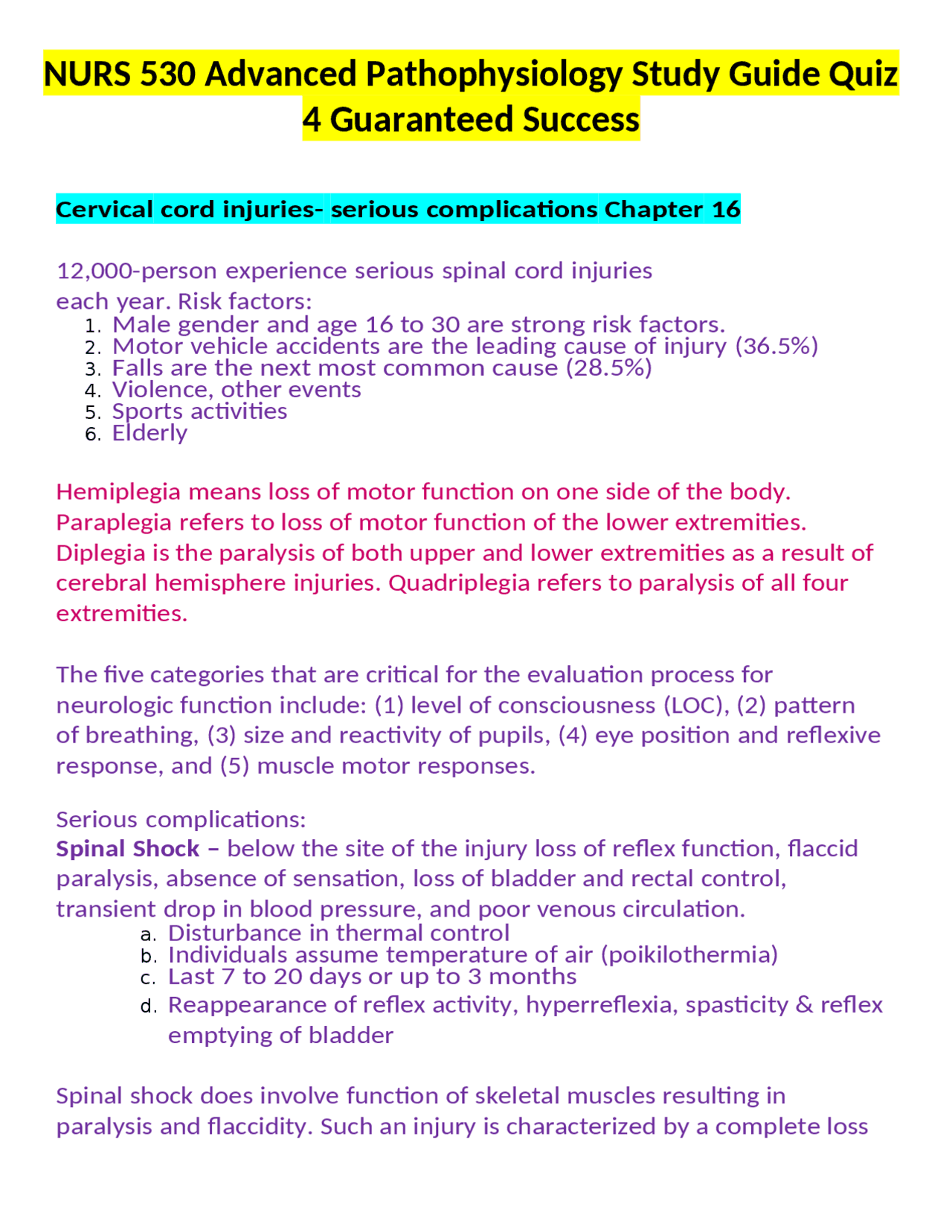 NURS 530 Advanced Pathophysiology Study Guide Quiz 4 Guaranteed Success ...