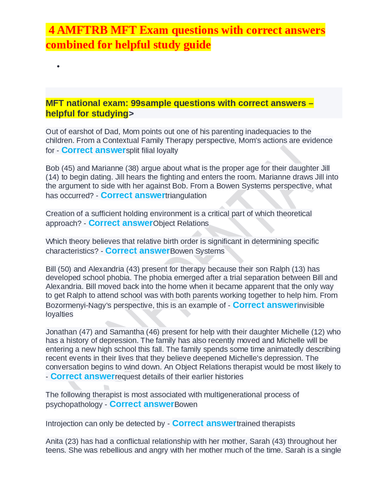 4 AMFTRB MFT Exam questions with correct answers combined for helpful ...