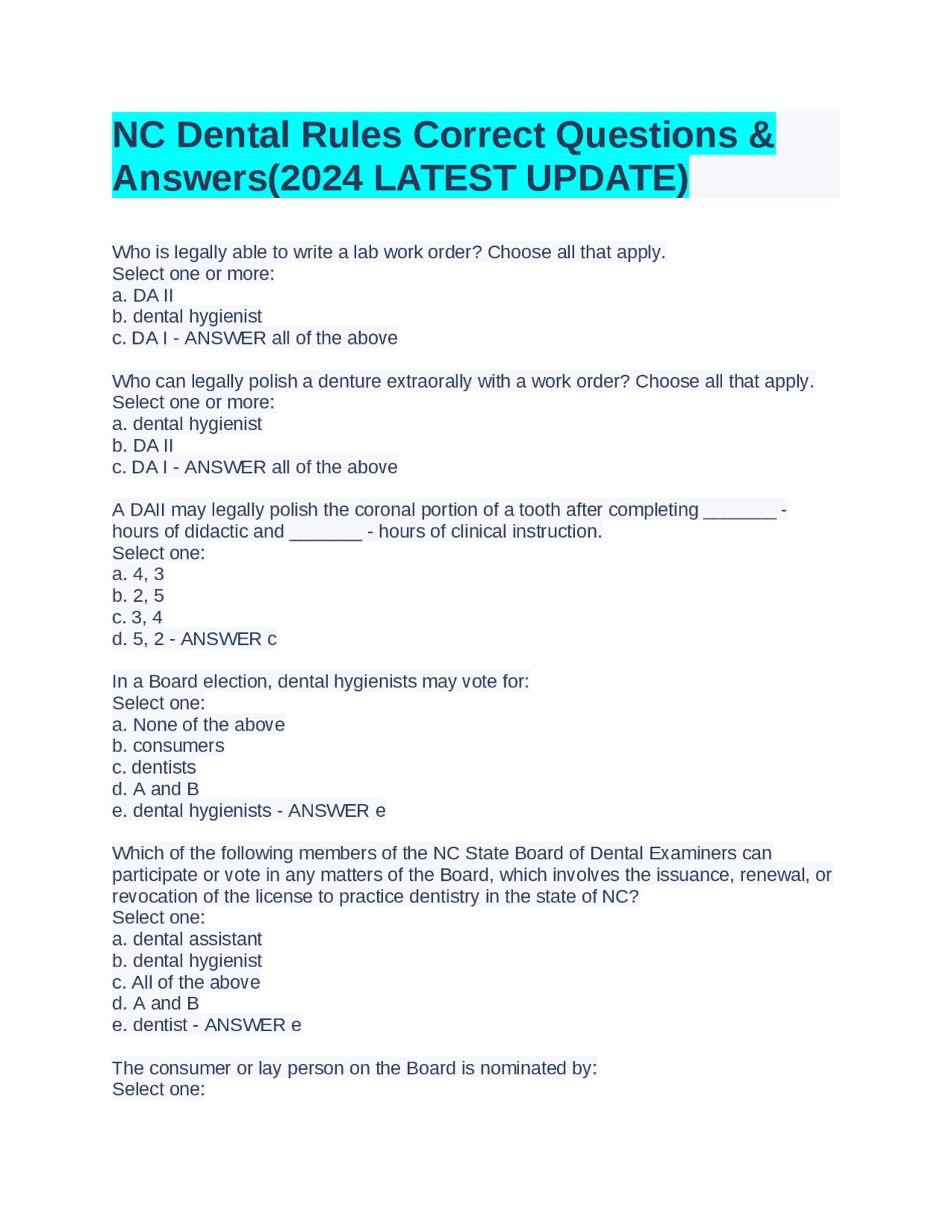 NC Dental Rules Correct Questions & Answers(2024 LATEST UPDATE) | Exams ...