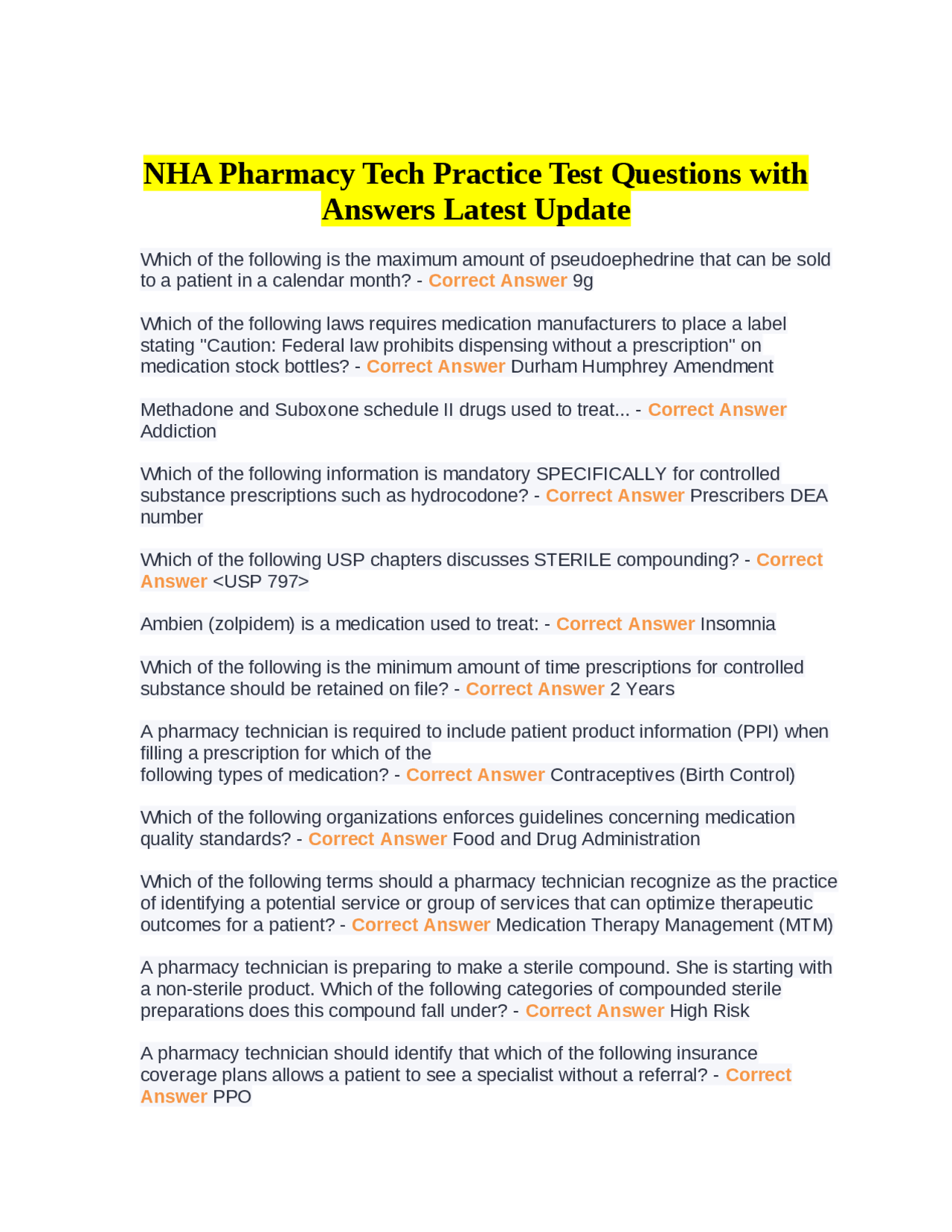 NHA Pharmacy Tech Practice Test Questions with Answers Latest Update ...