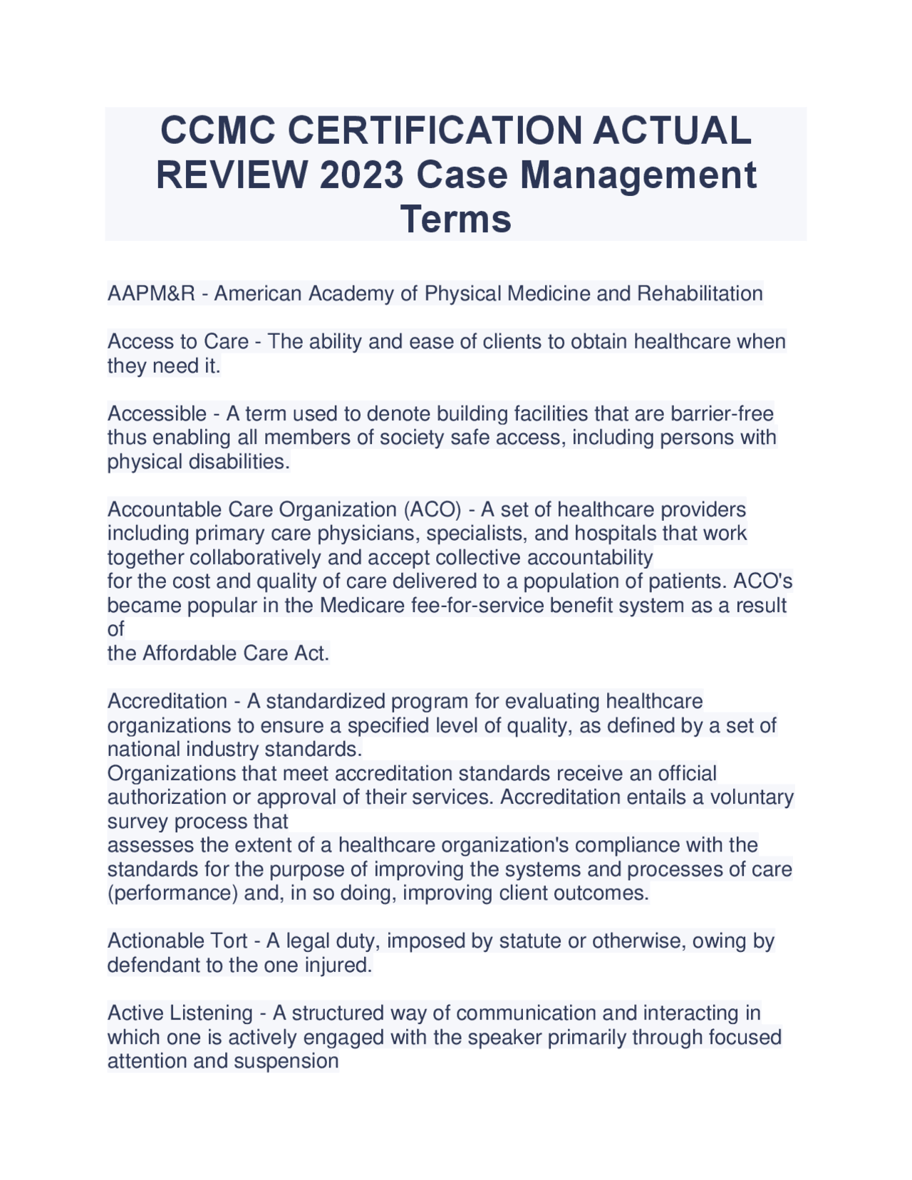 CCMC CERTIFICATION ACTUAL REVIEW 2023 Case Management Terms | Exams ...