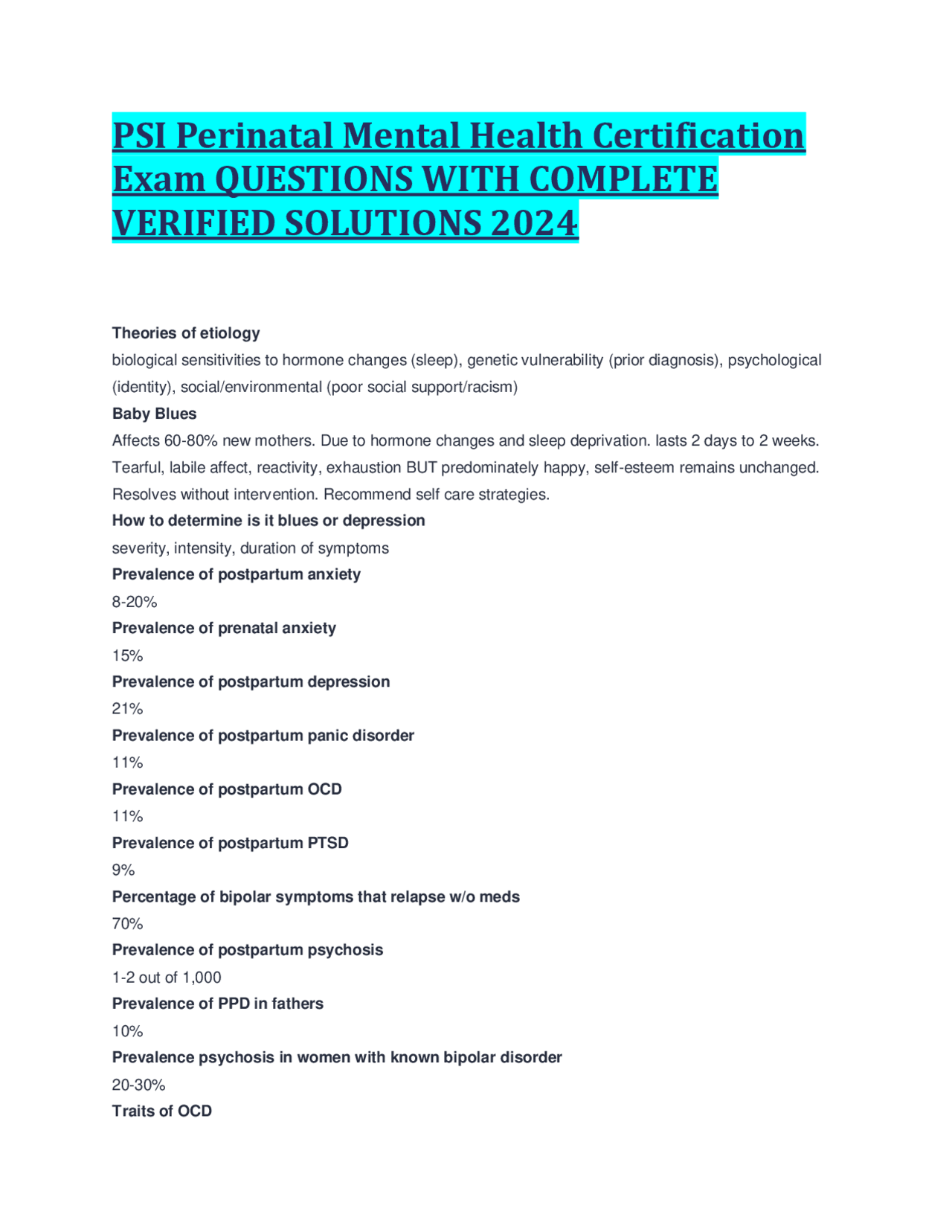 PSI Perinatal Mental Health Certification Exam QUESTIONS WITH COMPLETE VERIFIED SOLUTIONS ...