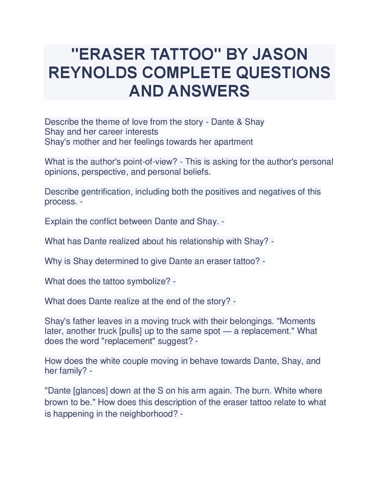 ERASER TATTOO BY JASON REYNOLDS COMPLETE QUESTIONS AND ANSWERS | Exams ...