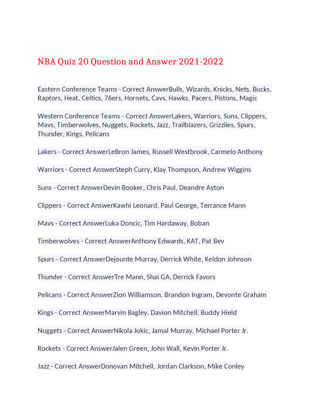 NBA Quiz 20 Question and Answer 2021-2022,100% CORRECT | Exams Business ...