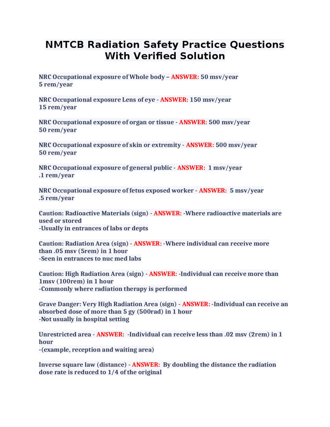 NMTCB Radiation Safety Practice Questions With Verified Solution ...