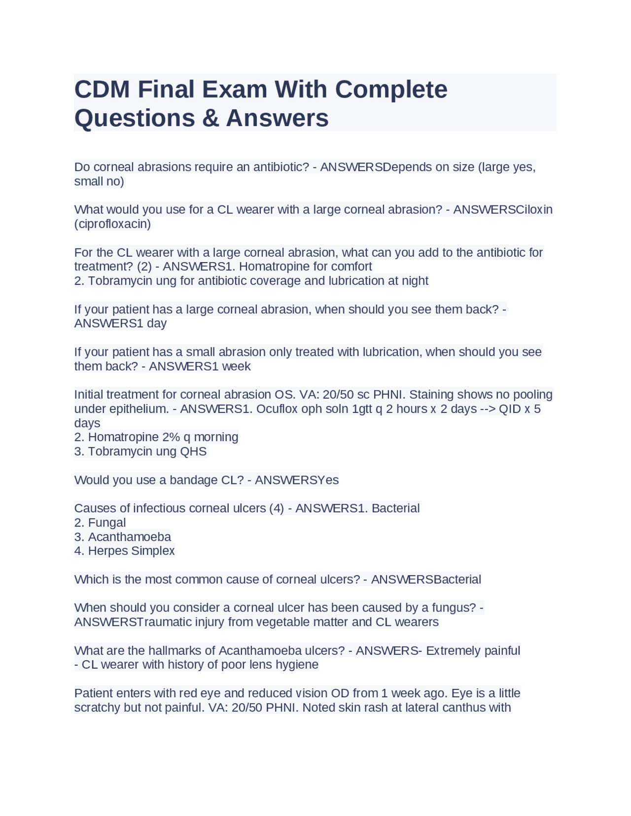 CDM Final Exam With Complete Questions & Answers | Exams Nursing | Docsity