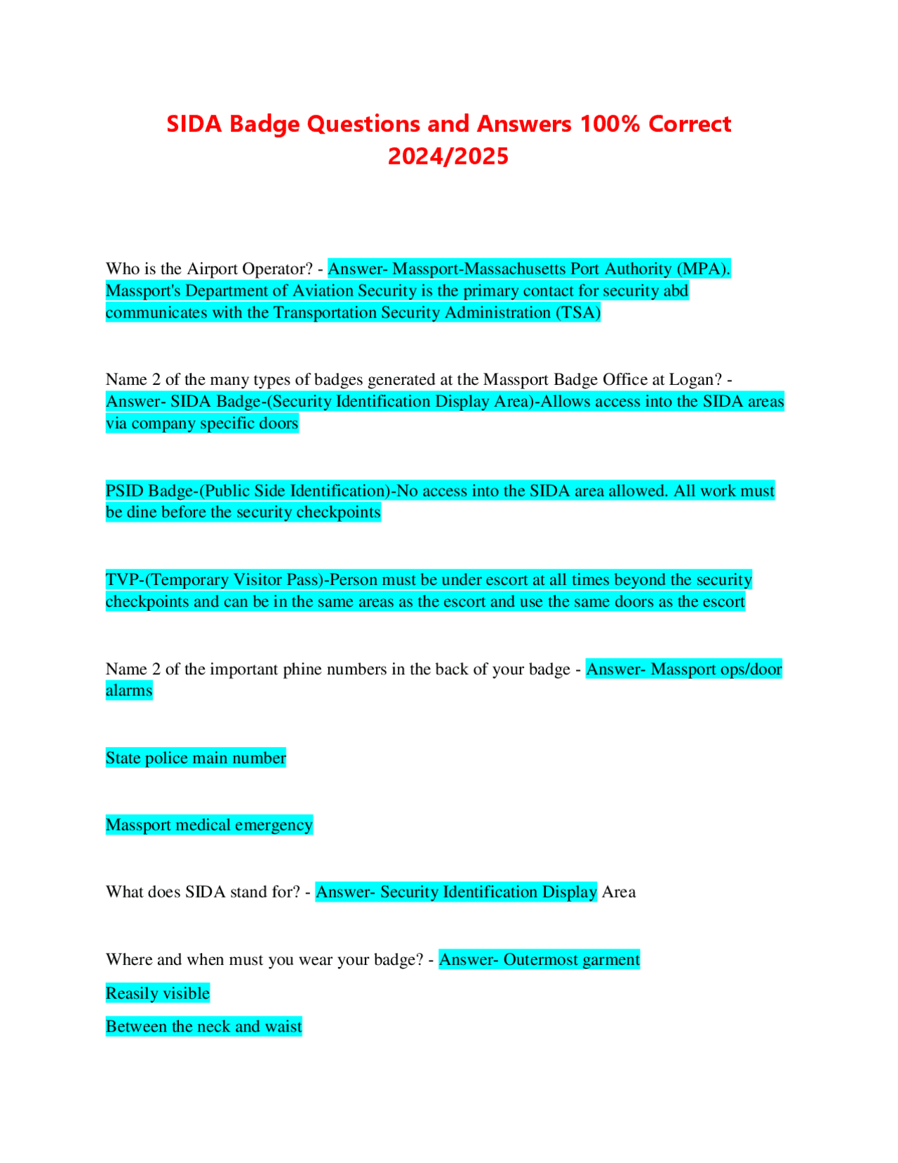 SIDA Badge Questions and Answers 100% Correct 2024/2025 | Exams ...