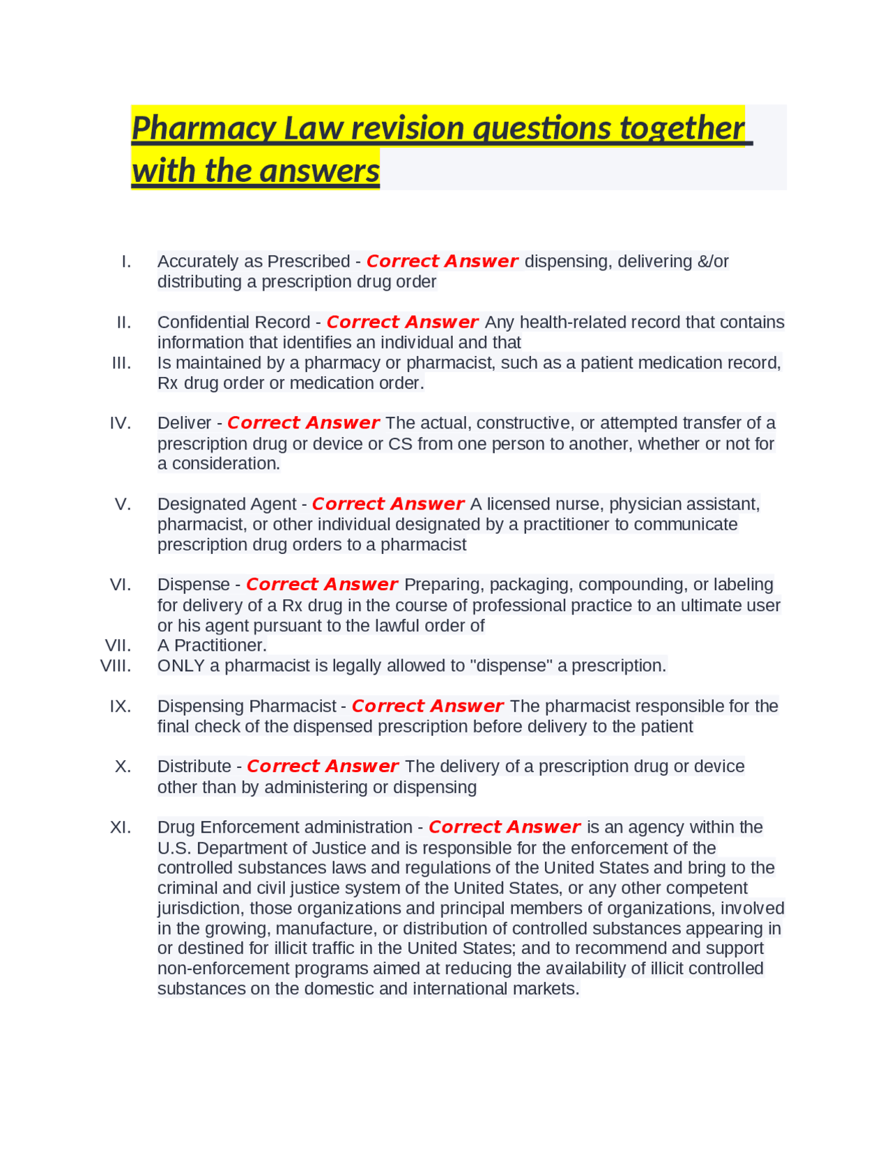 Pharmacy Law Revision Questions and Answers | Exams Pharmacy | Docsity