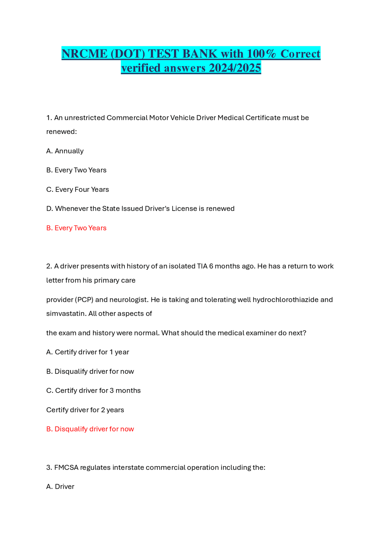 Commercial Driver Medical Examination Guidelines | Exams Nursing | Docsity
