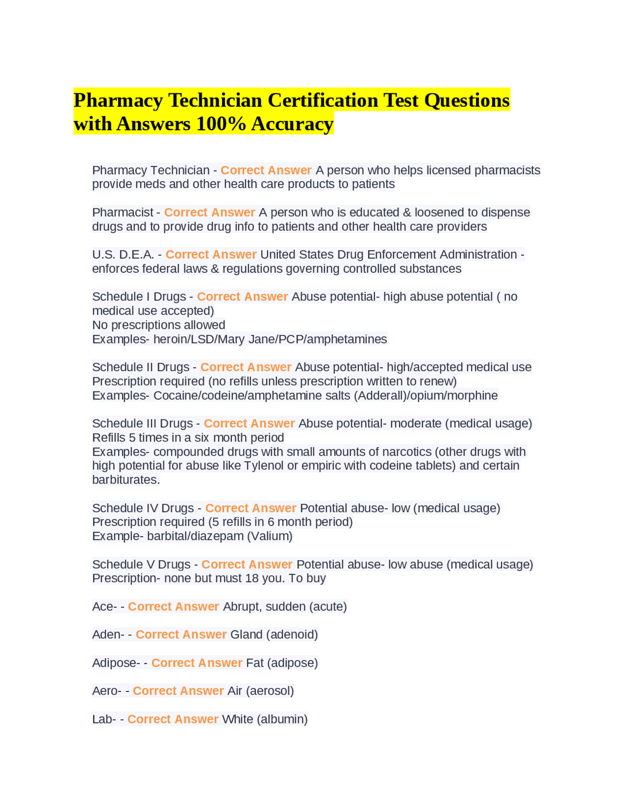 Pharmacy Technician Certification Test Questions with Answers 100% ...