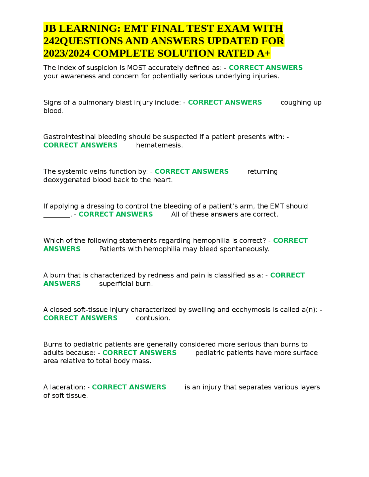 JB LEARNING: EMT FINAL TEST EXAM WITH 242QUESTIONS AND ANSWERS UPDATED ...