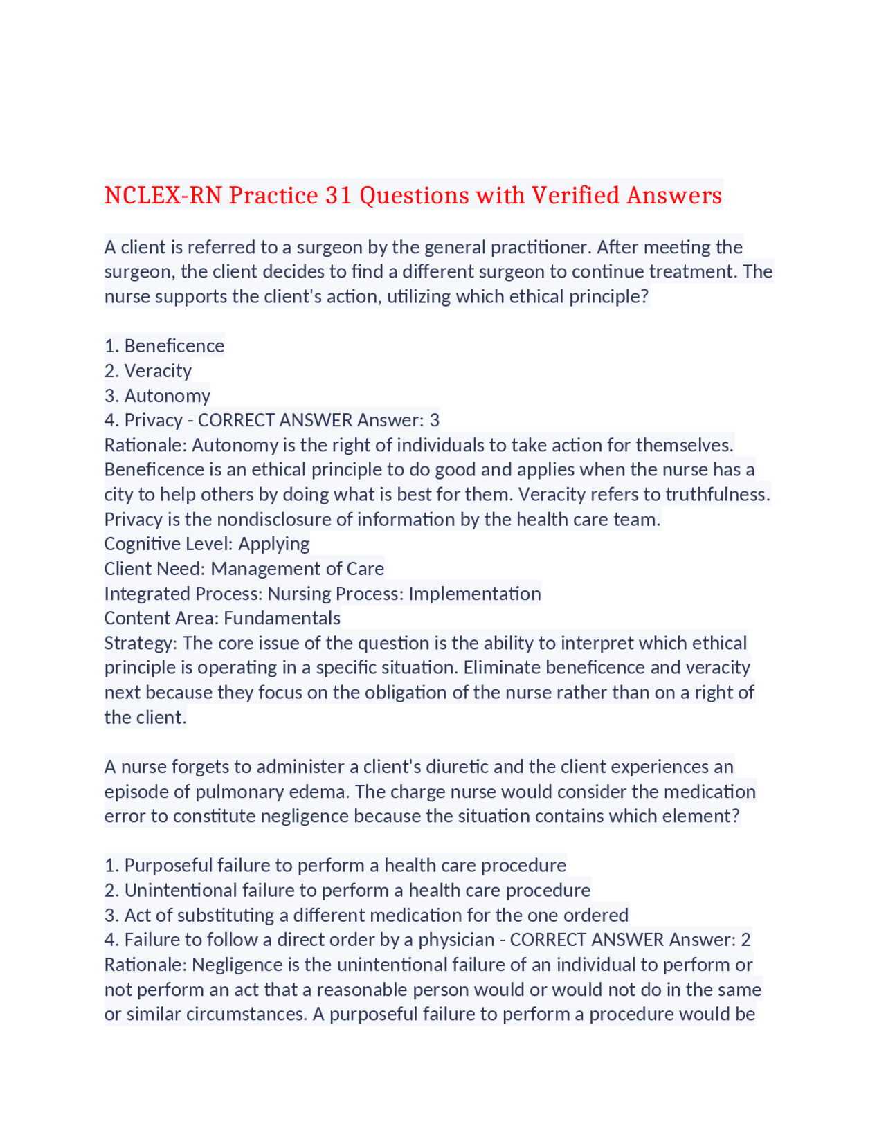 NCLEX-RN Practice 31 Questions with Verified Answers,100% CORRECT ...