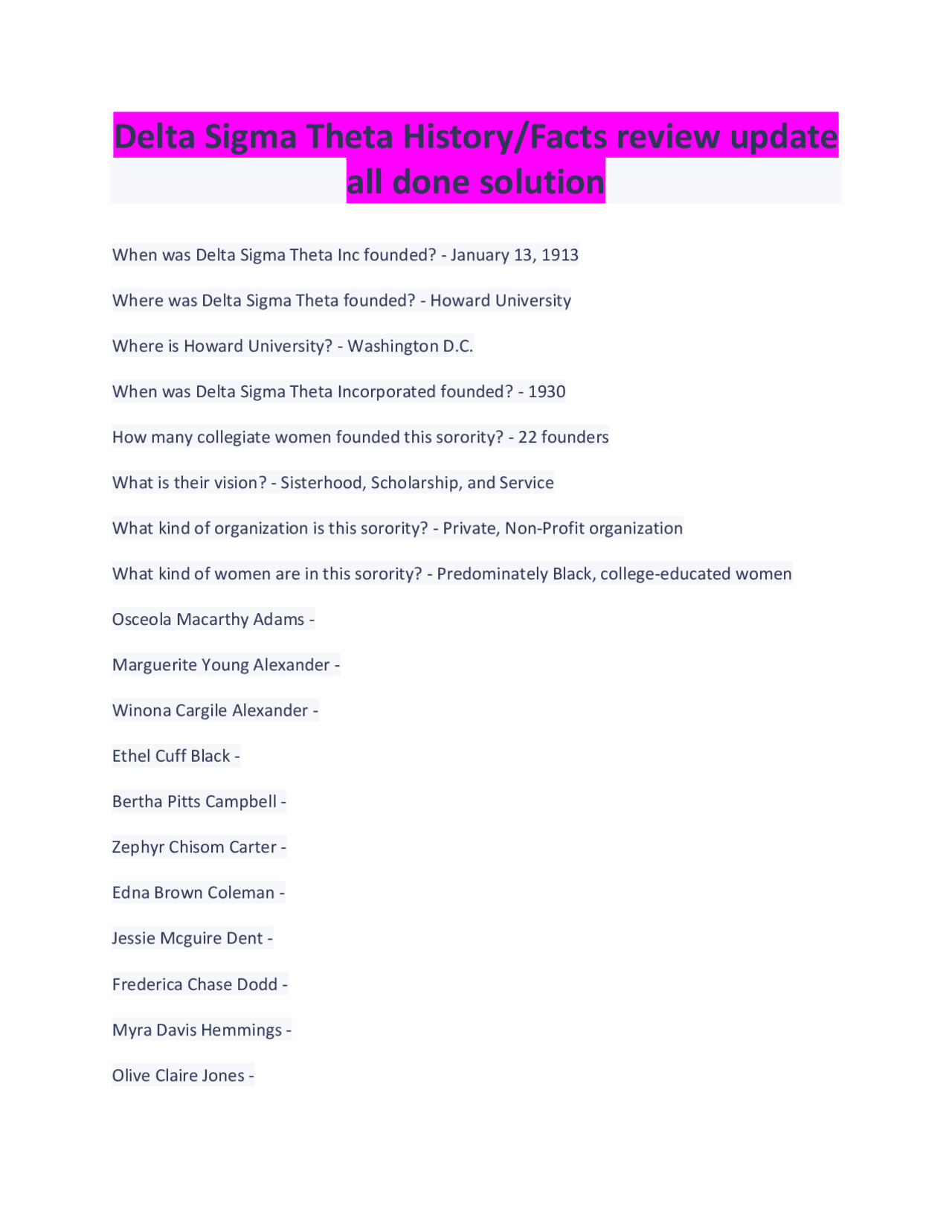 Delta Sigma Theta History Facts review update all done solution | Exams ...