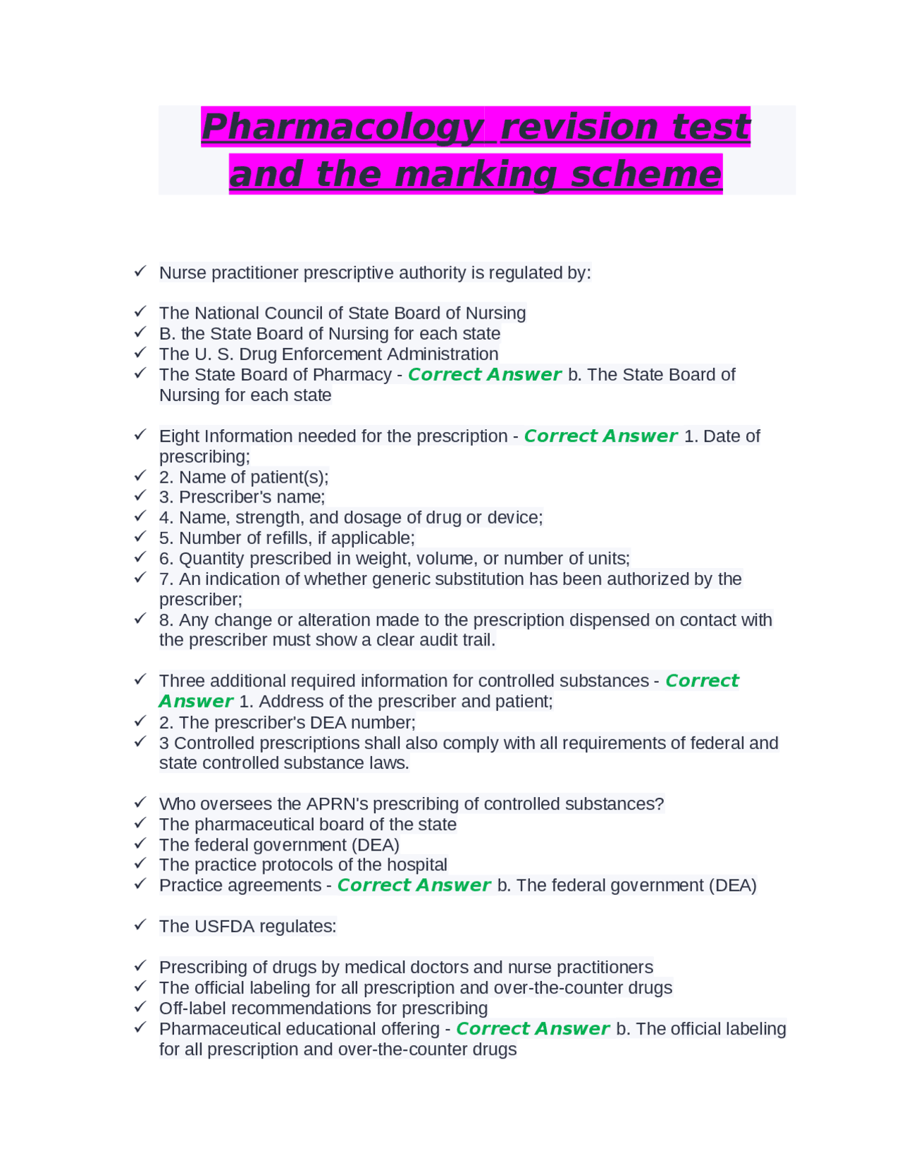 Pharmacology Exam Review | Exams Pharmacology | Docsity