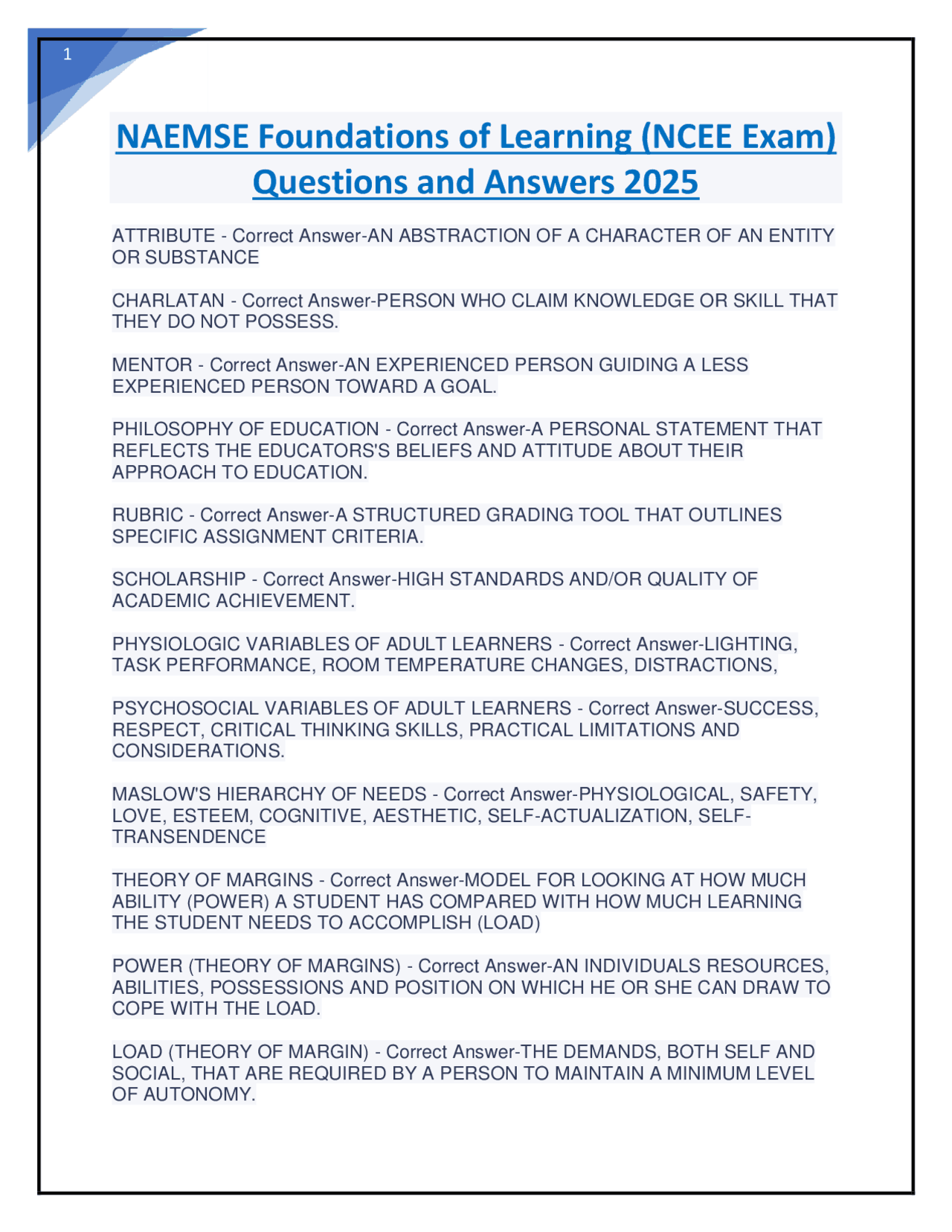 NAEMSE Foundations of Learning (NCEE Exam) Questions and Answers 2025 ...