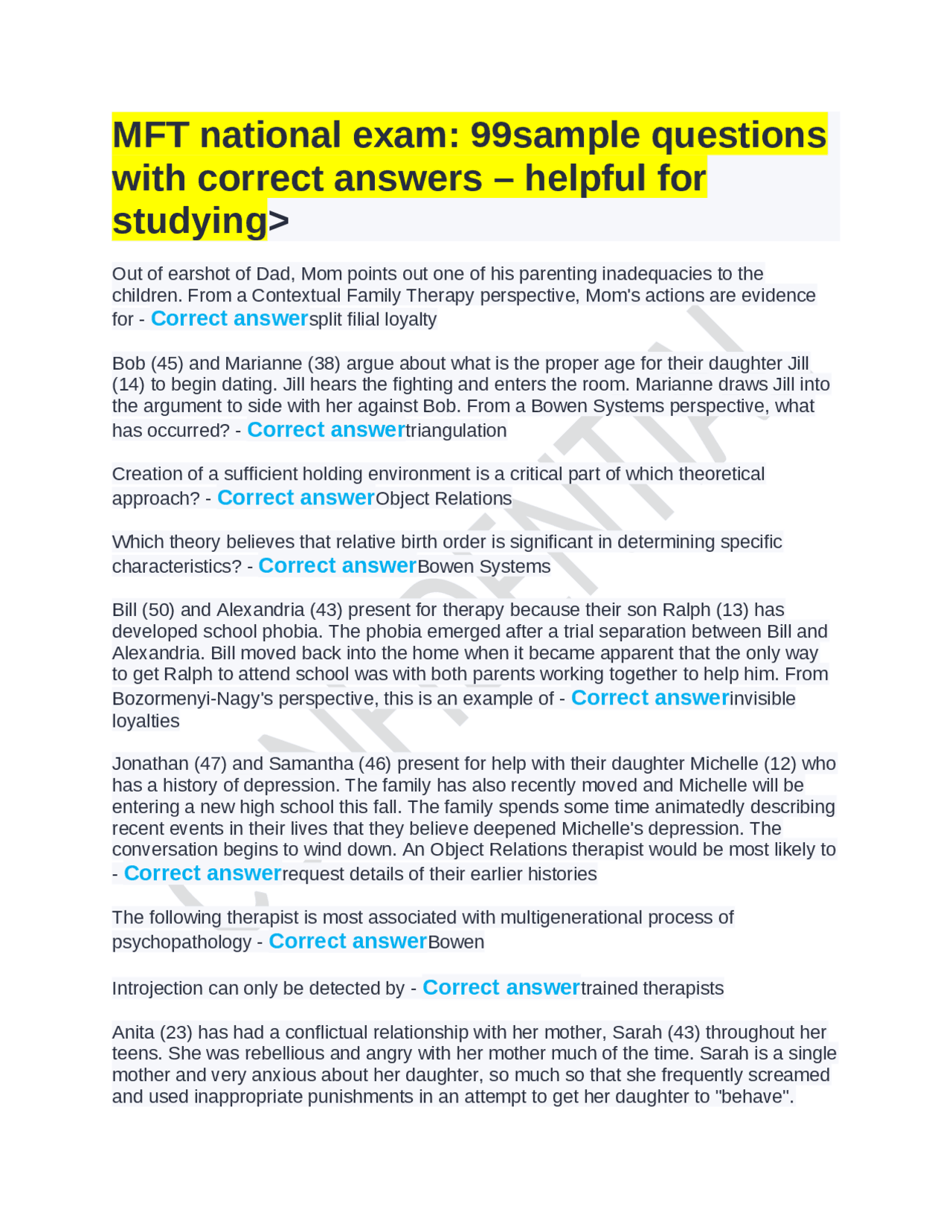 MFT national exam: 99sample questions with correct answers – helpful ...