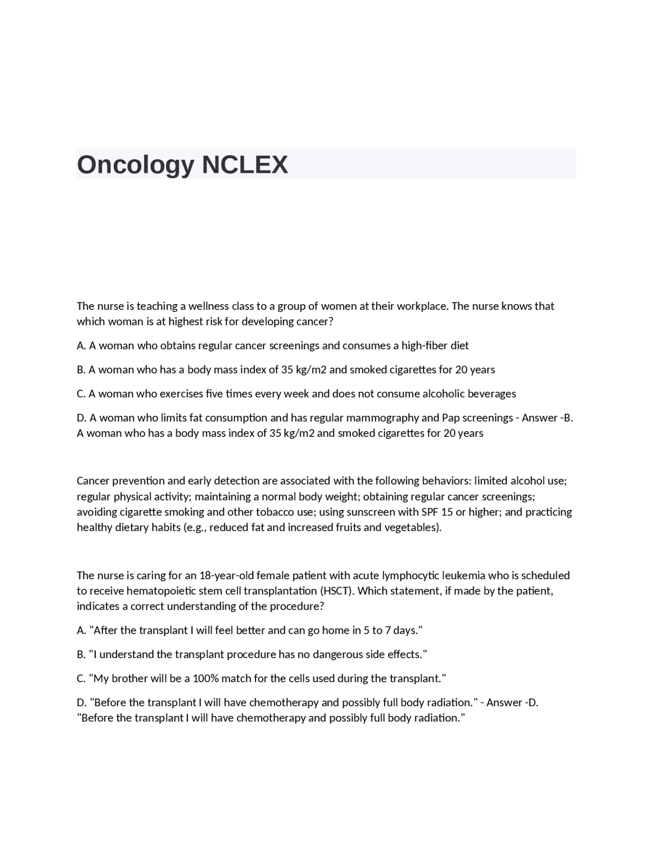 Cancer Risk Factors and Prevention | Exams Nursing | Docsity