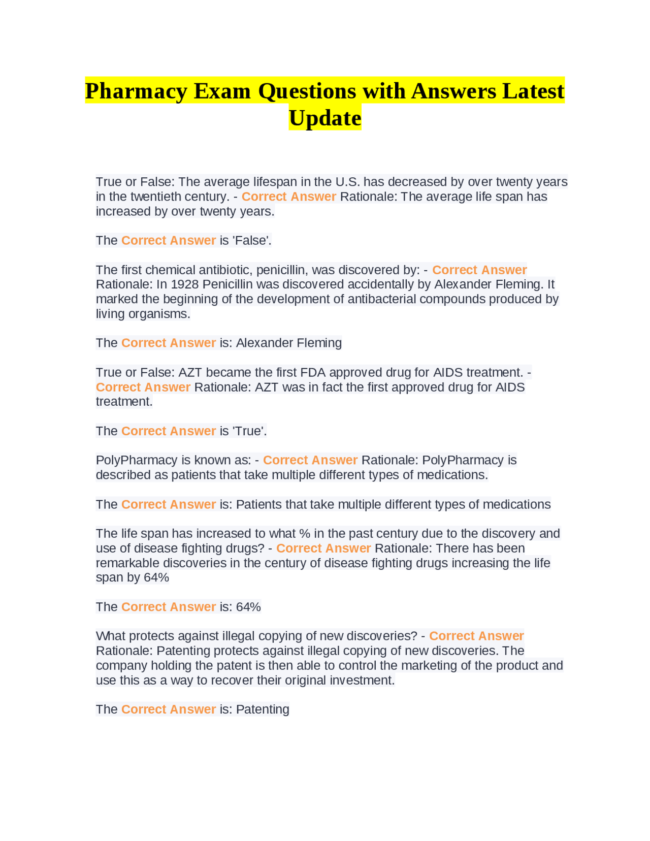 Pharmacy Exam Questions with Answers Latest Update | Exams Nursing ...