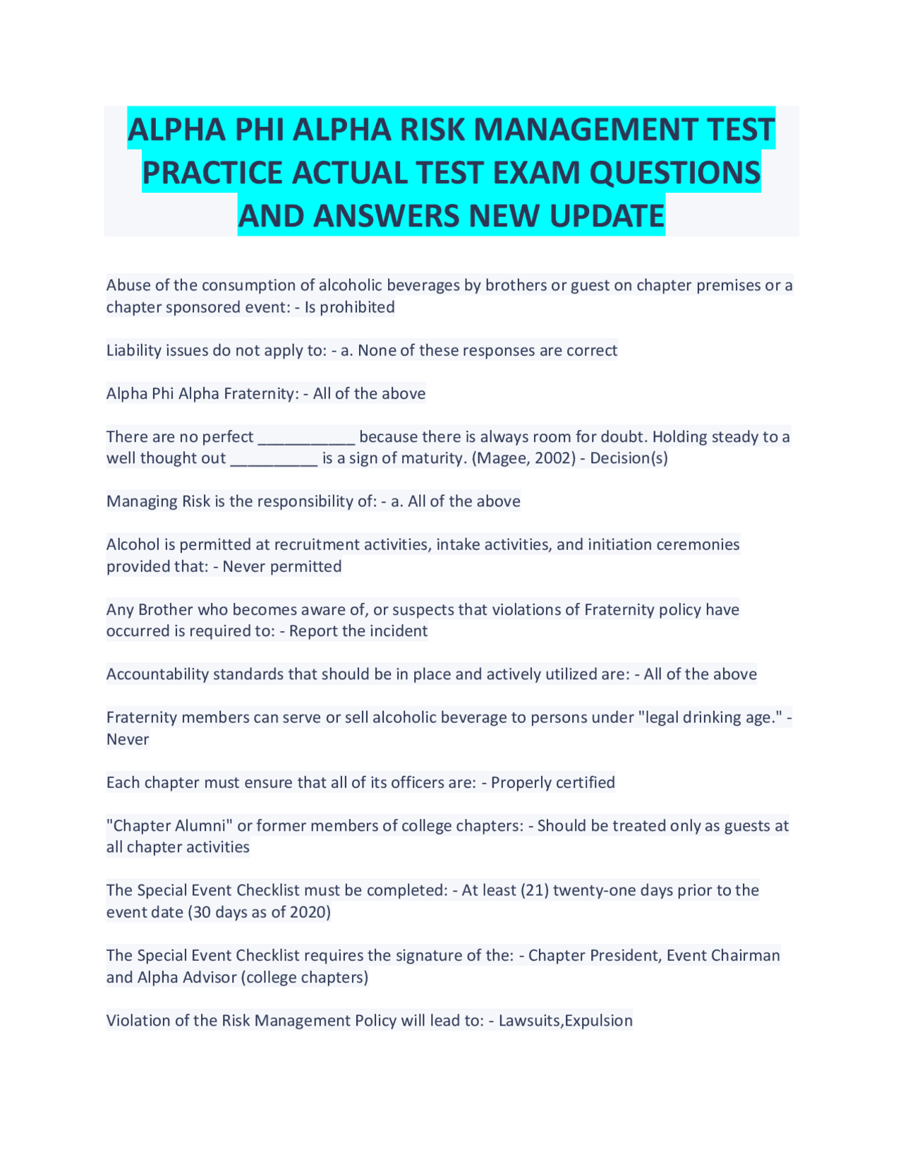 ALPHA PHI ALPHA RISK MANAGEMENT TEST PRACTICE ACTUAL TEST EXAM ...