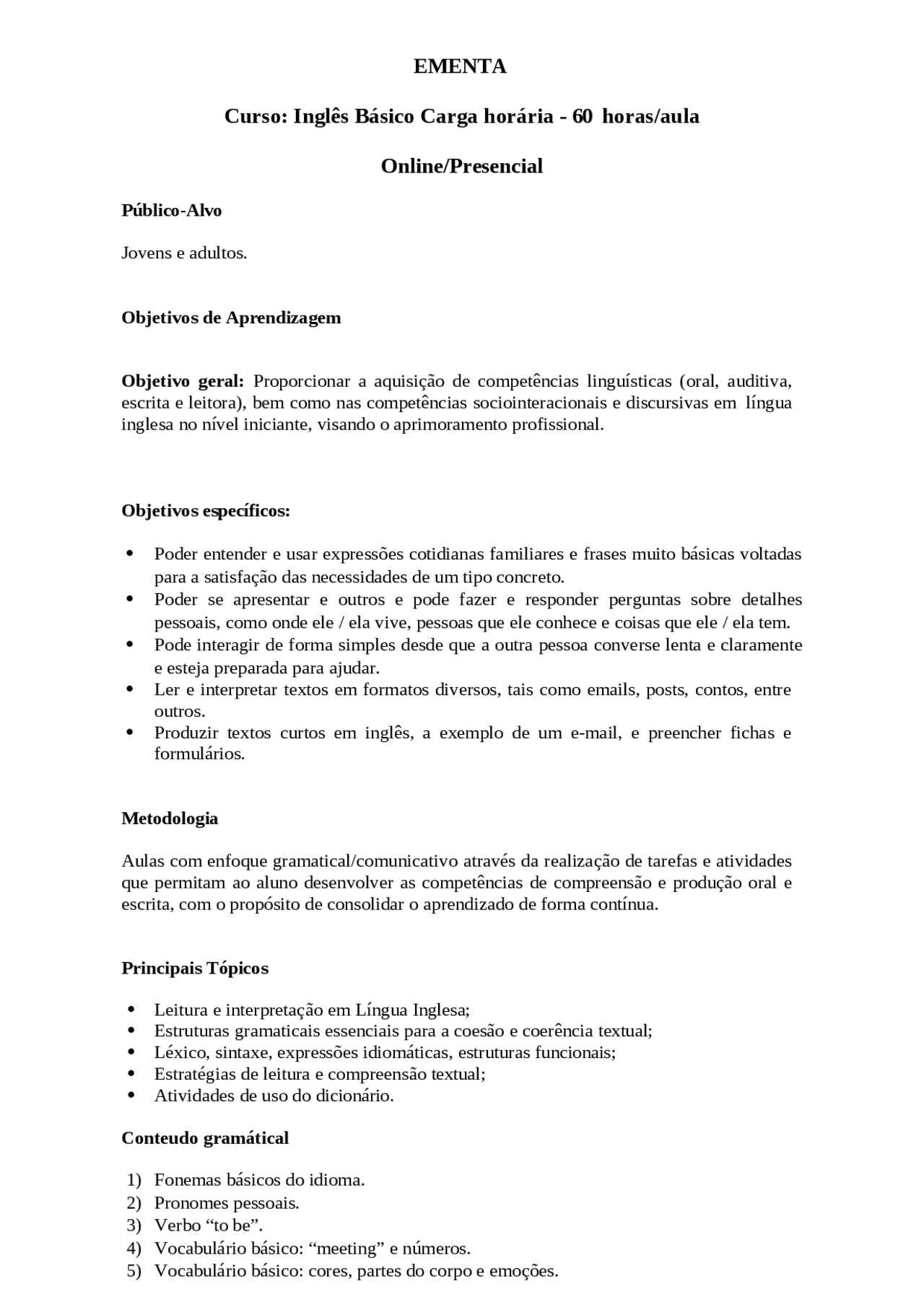 EMENTA_INGLÊS_A1.docx | Notas de aula Inglês | Docsity
