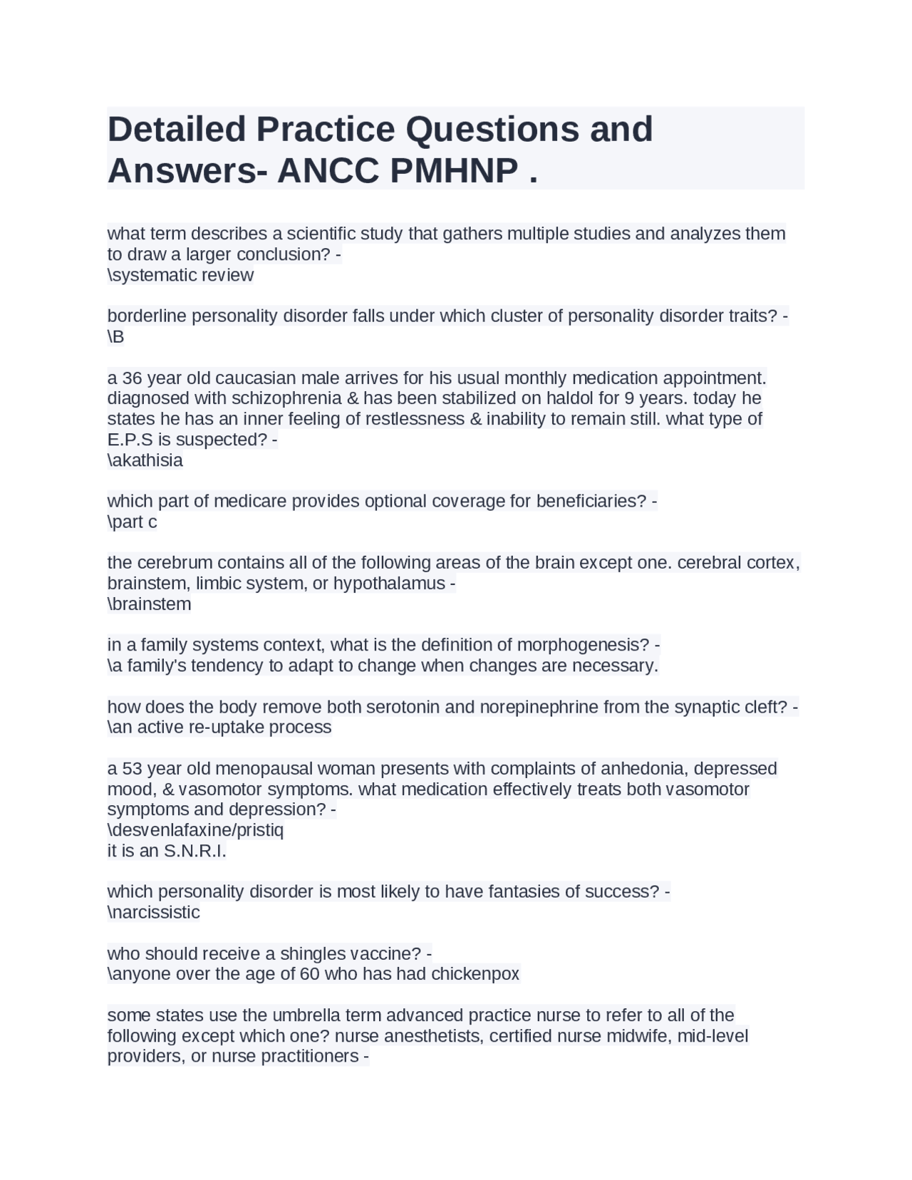 Detailed Practice Questions and Answers- ANCC PMHNP . | Exams Nursing ...