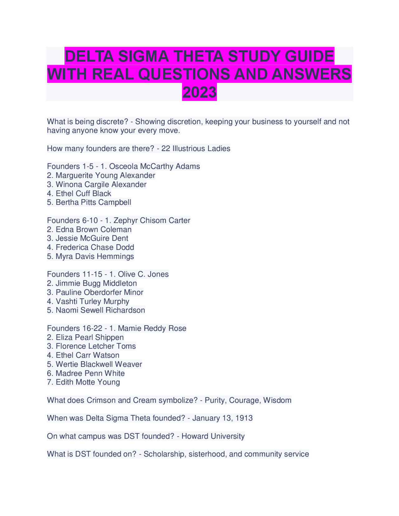 DELTA SIGMA THETA STUDY GUIDE WITH REAL QUESTIONS AND ANSWERS 2023 ...