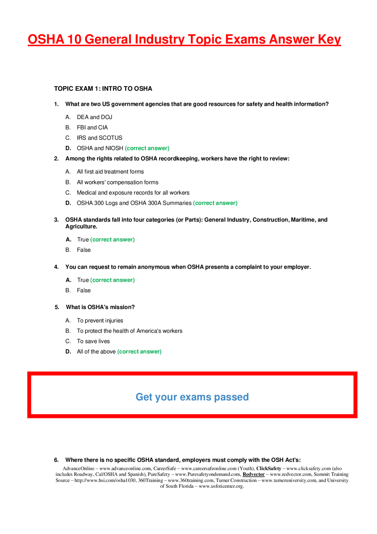 OSHA 10 General Industry Topic Exams Answer Key | Exams Nursing | Docsity