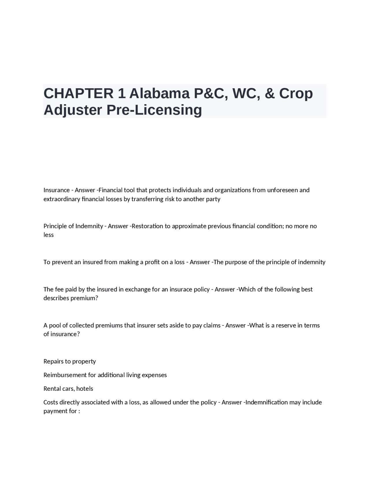 Alabama P&C, WC, & Crop Adjuster Pre-Licensing | Exams Nursing | Docsity