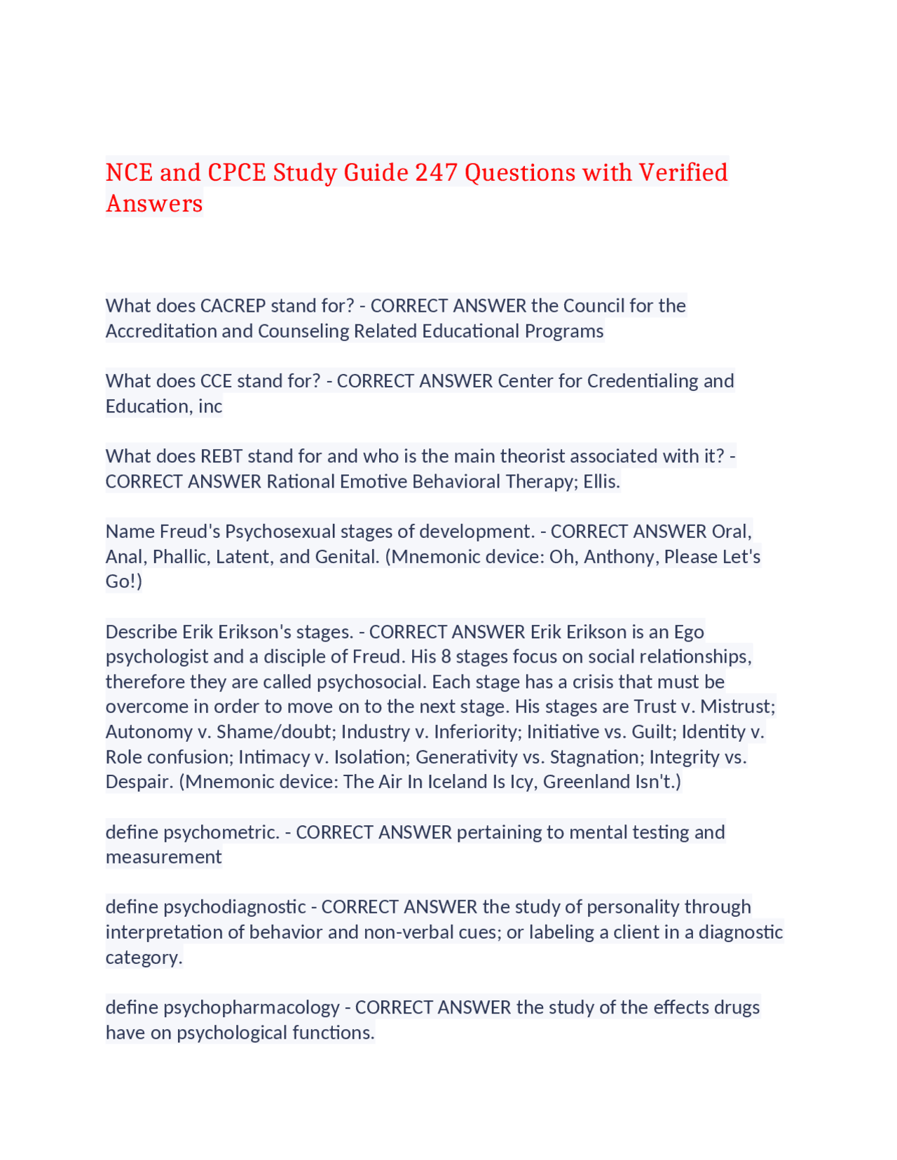 NCE and CPCE Study Guide 247 Questions with Verified Answers ,100% ...