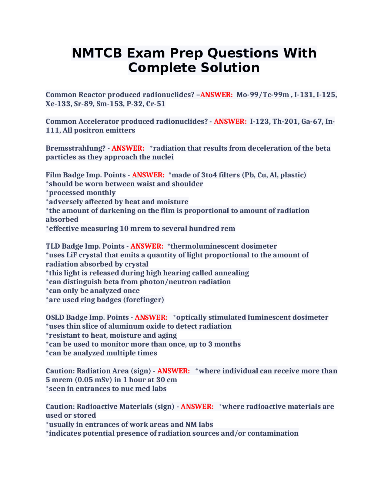 NMTCB Exam Prep Questions With Complete Solution | Exams Advanced ...