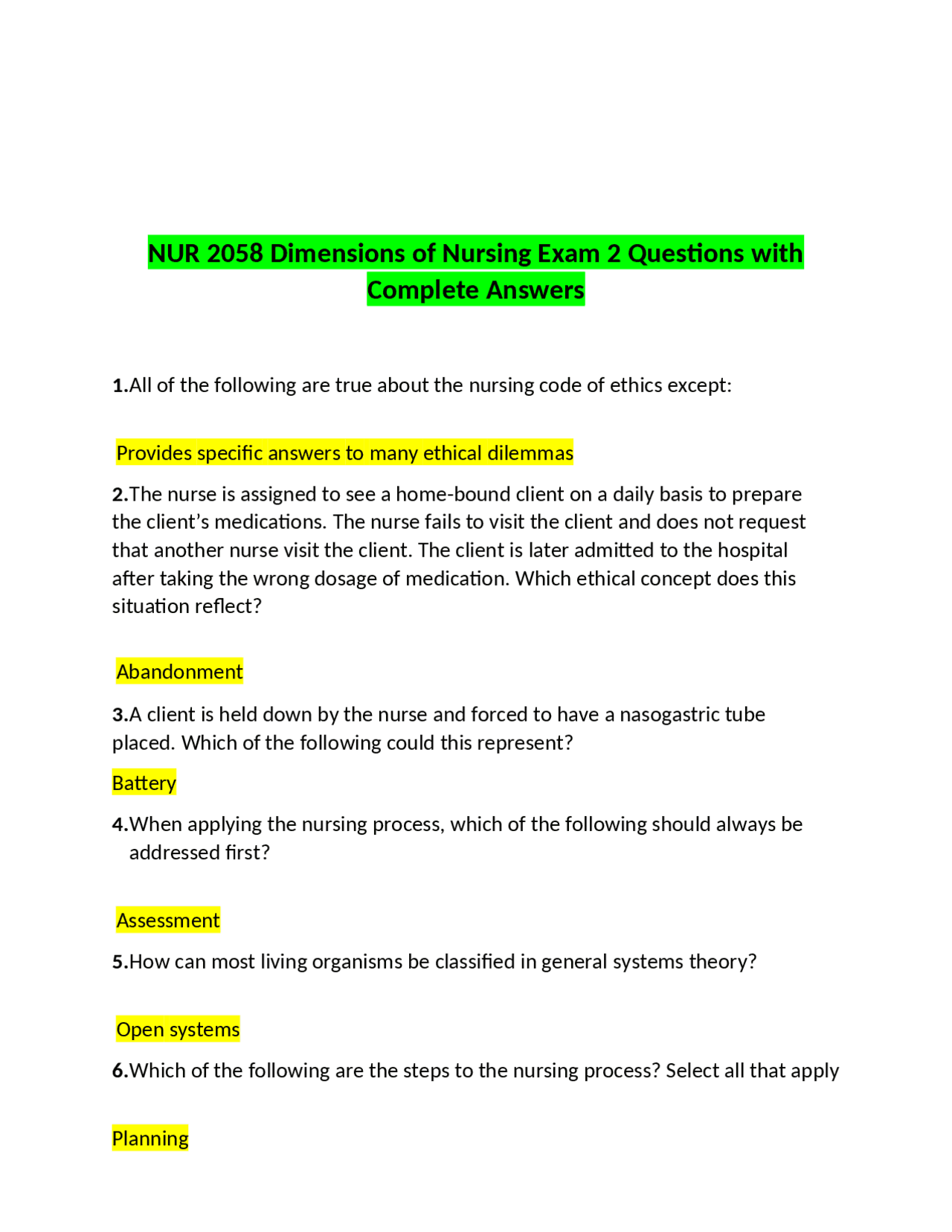 Dimensions of Nursing Exam 2 Questions with Complete Answers | Exams ...