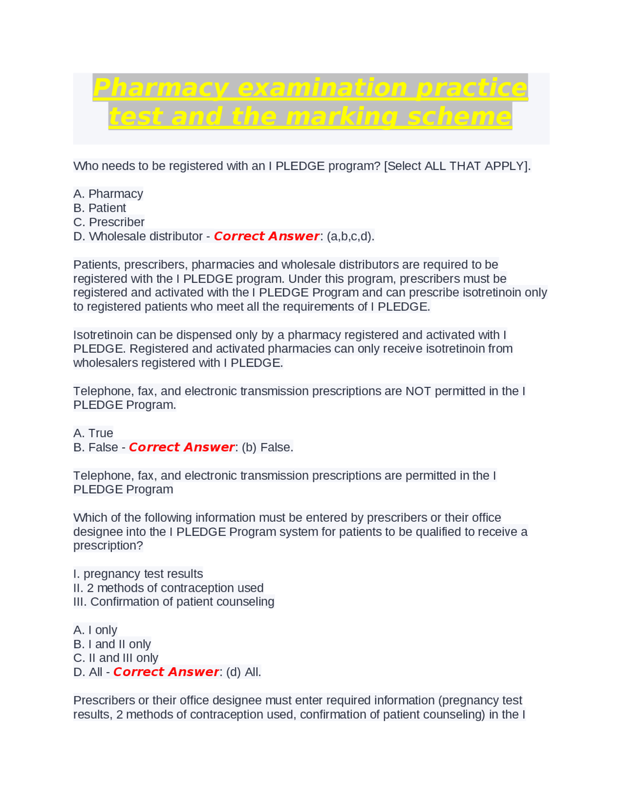 Pharmacy examination practice test and the marking scheme | Exams ...