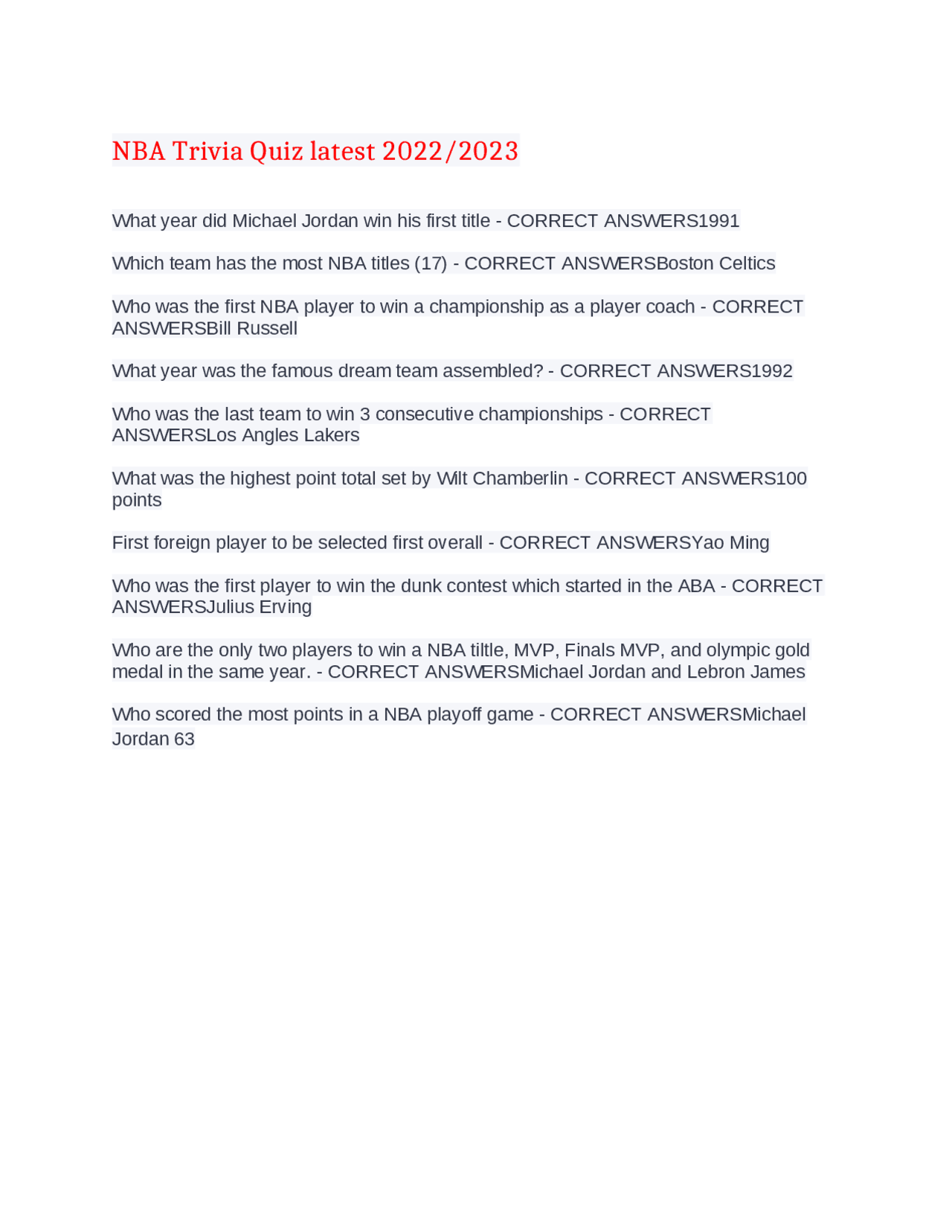 NBA Trivia Quiz: Answers and Insights | Exams Business Fundamentals ...