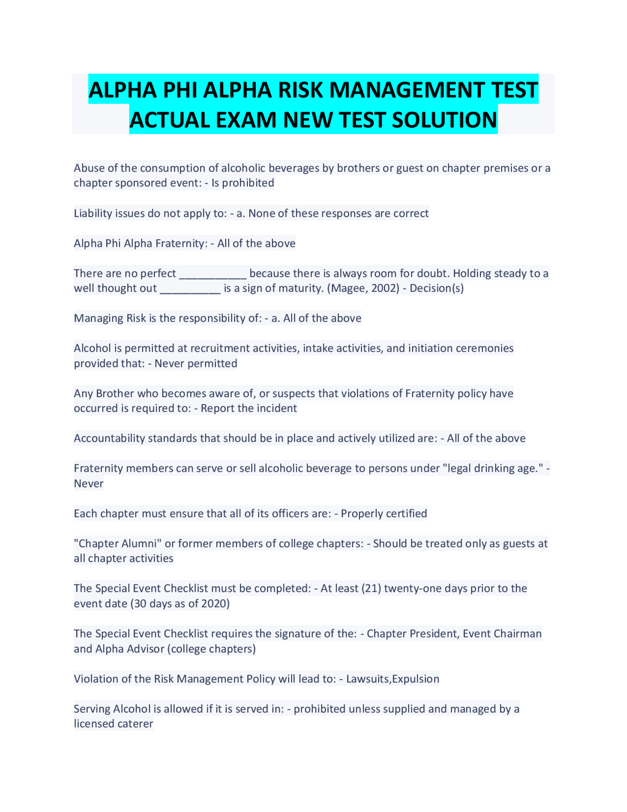 ALPHA PHI ALPHA RISK MANAGEMENT TEST ACTUAL EXAM NEW TEST SOLUTION ...