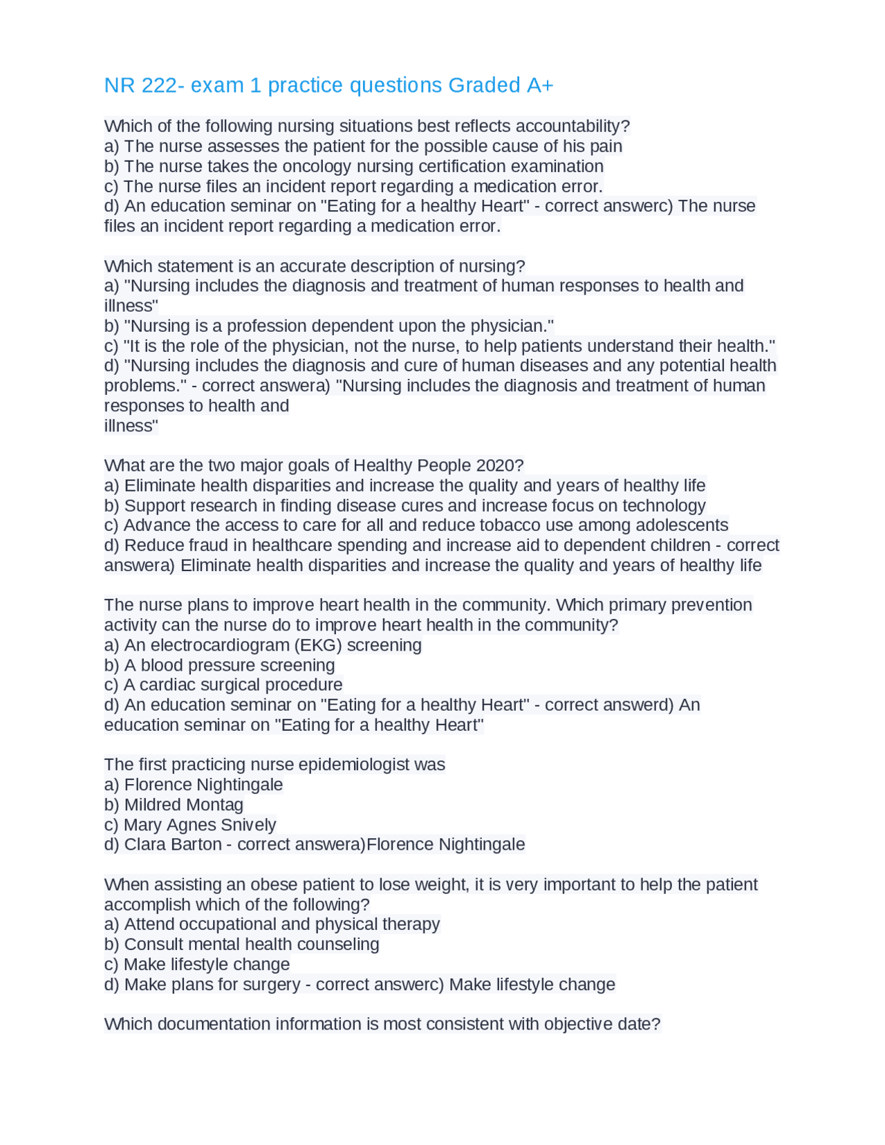 NR 222- exam 1 practice questions Graded A+ | Exams Nursing | Docsity