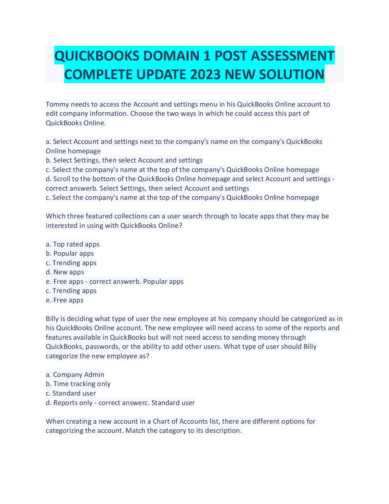 QUICKBOOKS DOMAIN 1 POST ASSESSMENT COMPLETE UPDATE 2023 NEW SOLUTION ...