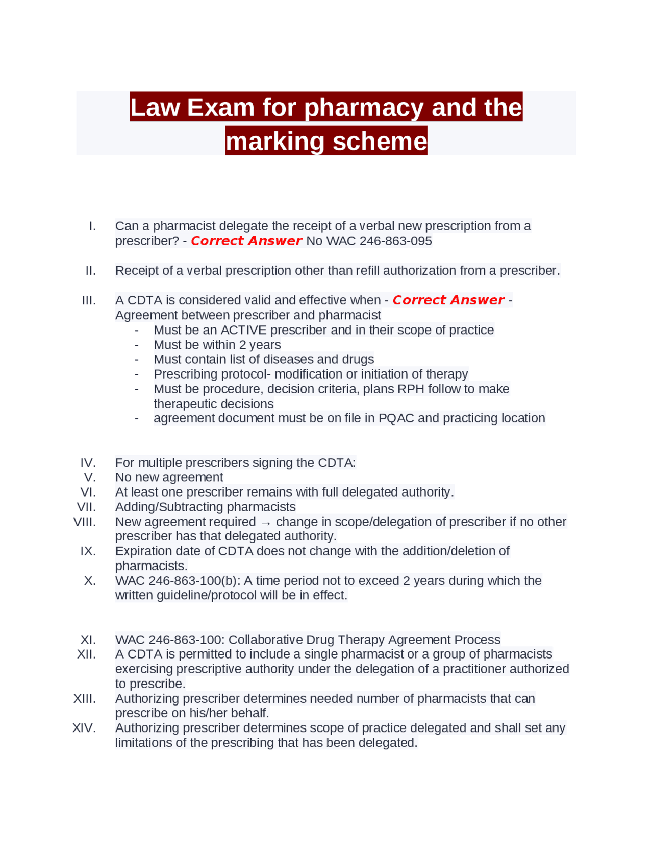 Law Exam for pharmacy and the marking scheme | Exams Pharmacy | Docsity