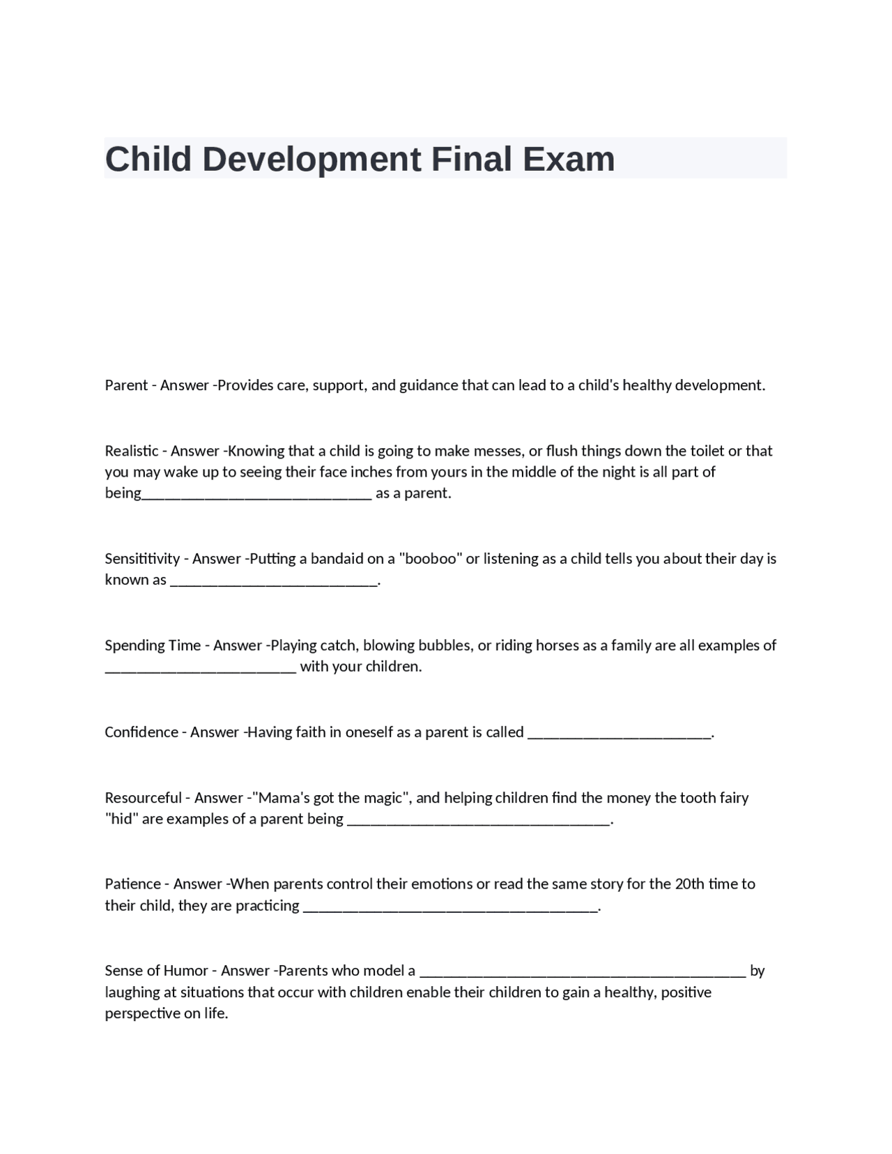 Child Development Final Exam Questions and Answers | Exams Nursing ...