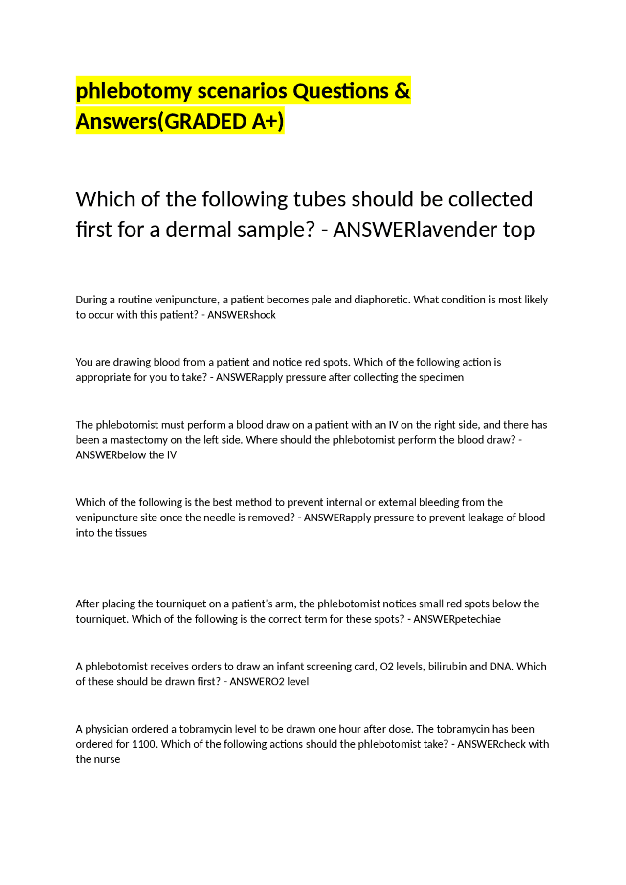 phlebotomy scenarios Questions & Answers(GRADED A+) | Exams Biology ...
