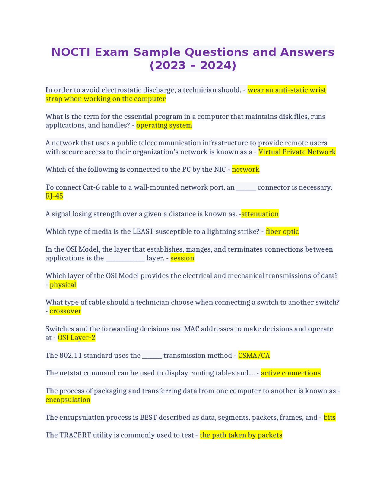 NOCTI Exam Sample Questions and Answers | Exams Business Systems | Docsity