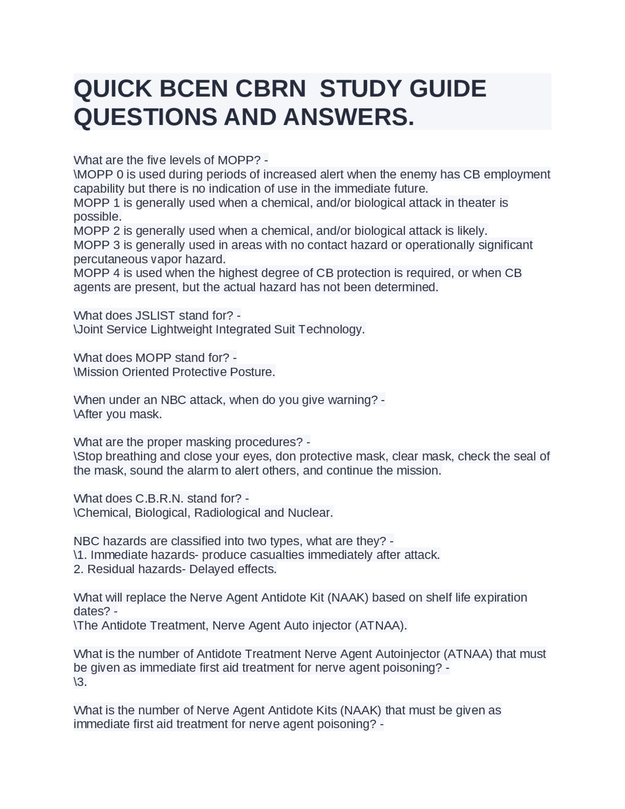 QUICK BCEN CBRN STUDY GUIDE | Exams Nursing | Docsity