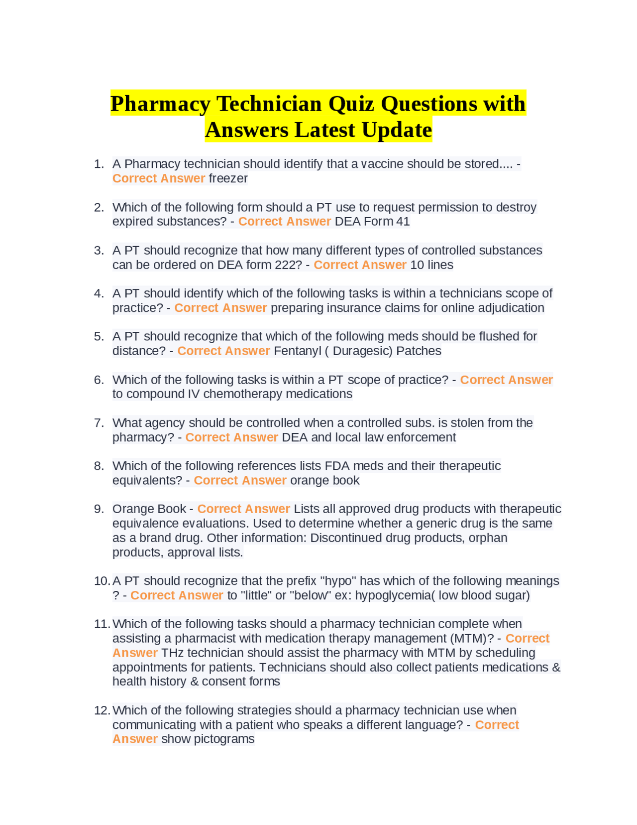 Pharmacy Technician Quiz Questions and Answers | Exams Pharmacy | Docsity