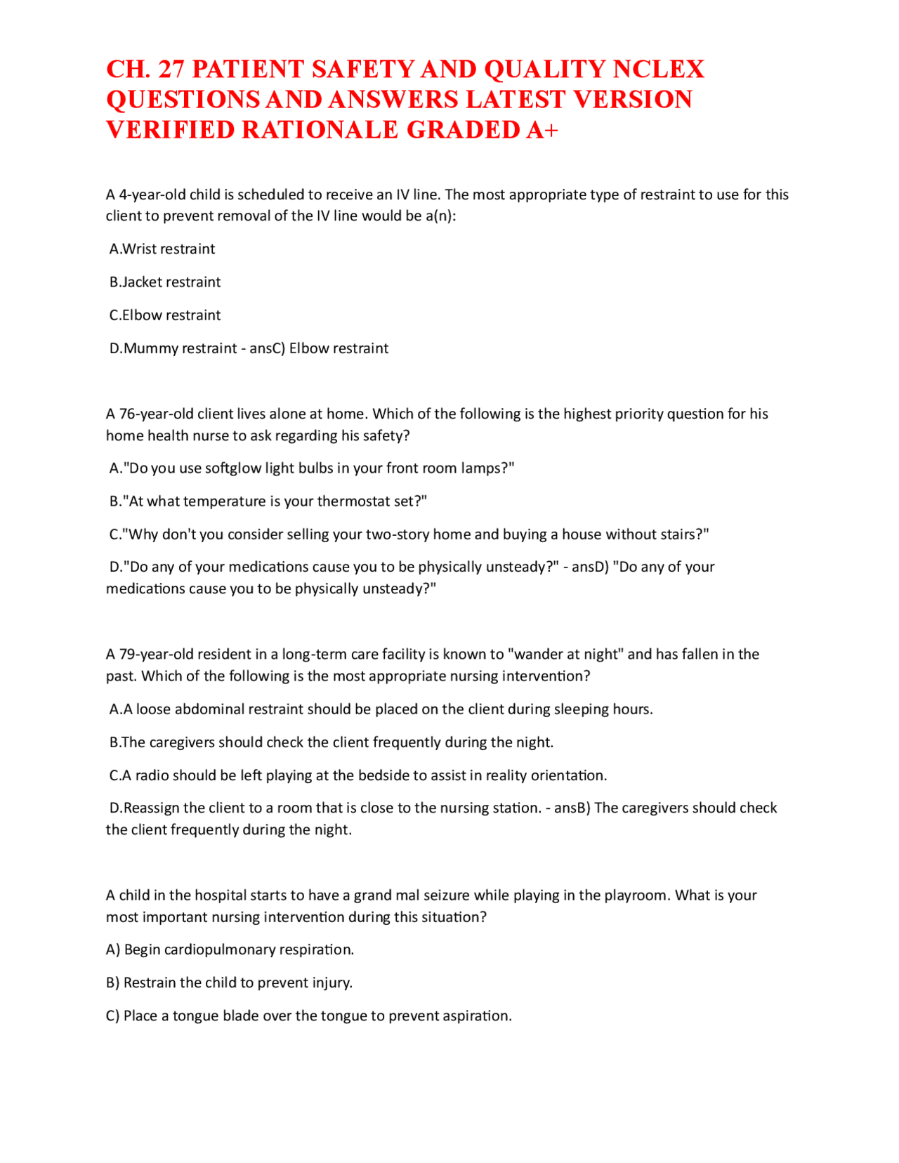 CH. 27 PATIENT SAFETY AND QUALITY NCLEX QUESTIONS AND ANSWERS LATEST ...