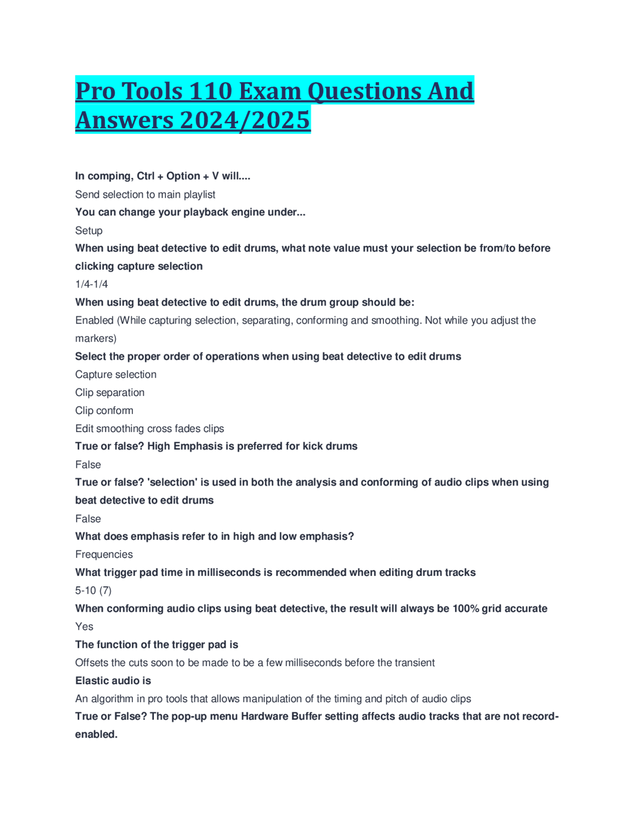 Pro Tools 110 Exam Questions and Answers | Exams Computer Applications | Docsity