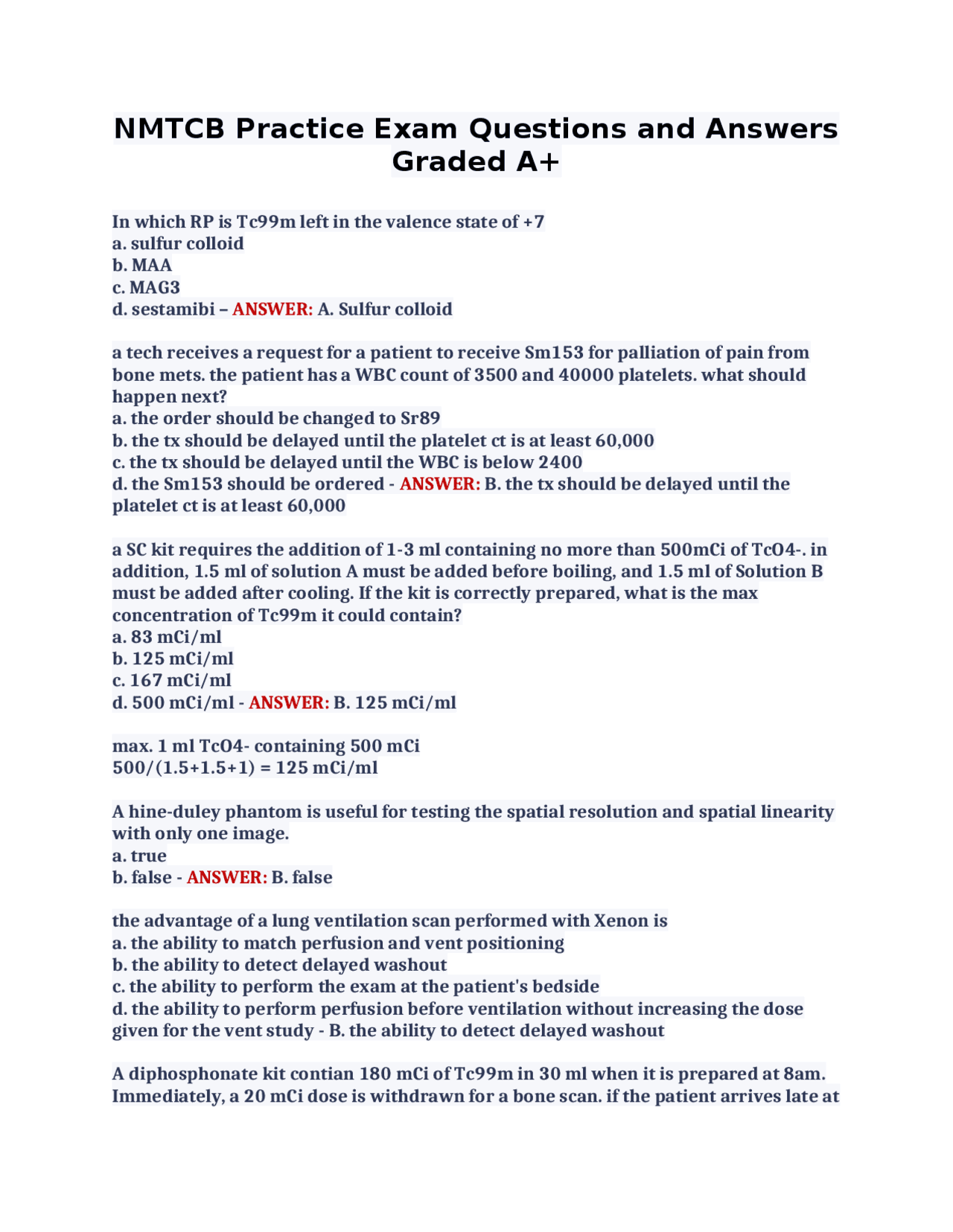 NMTCB Practice Exam Questions and Answers Graded A+ | Exams Advanced ...