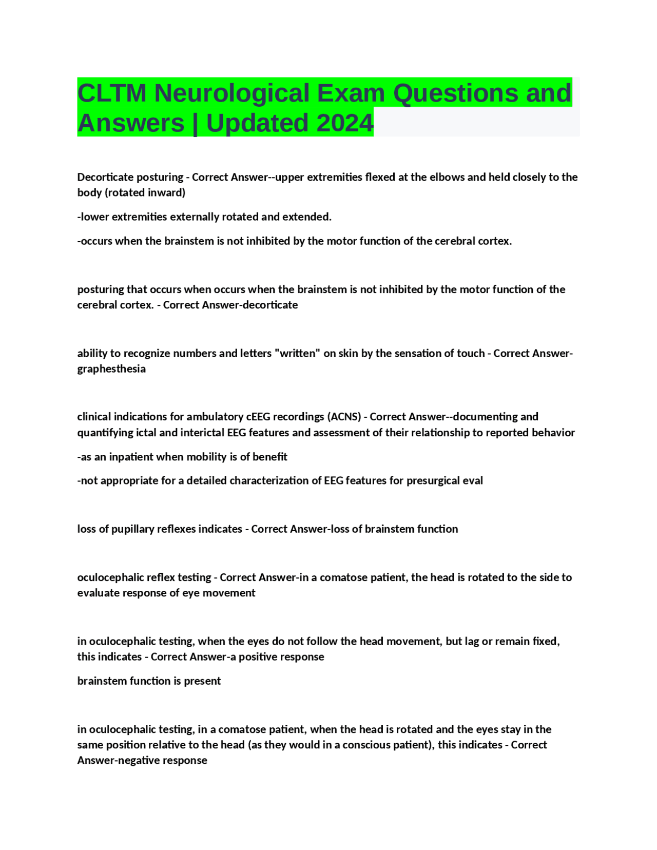 CLTM Neurological Exam Questions and Answers | Exams Advanced Education | Docsity