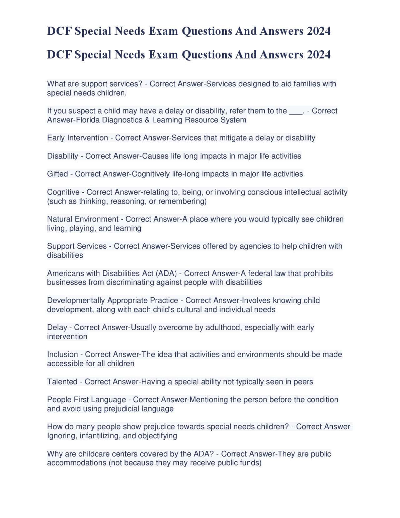 DCF Special Needs Exam Questions And Answers 2024 - Prof. Tutor | Exams ...