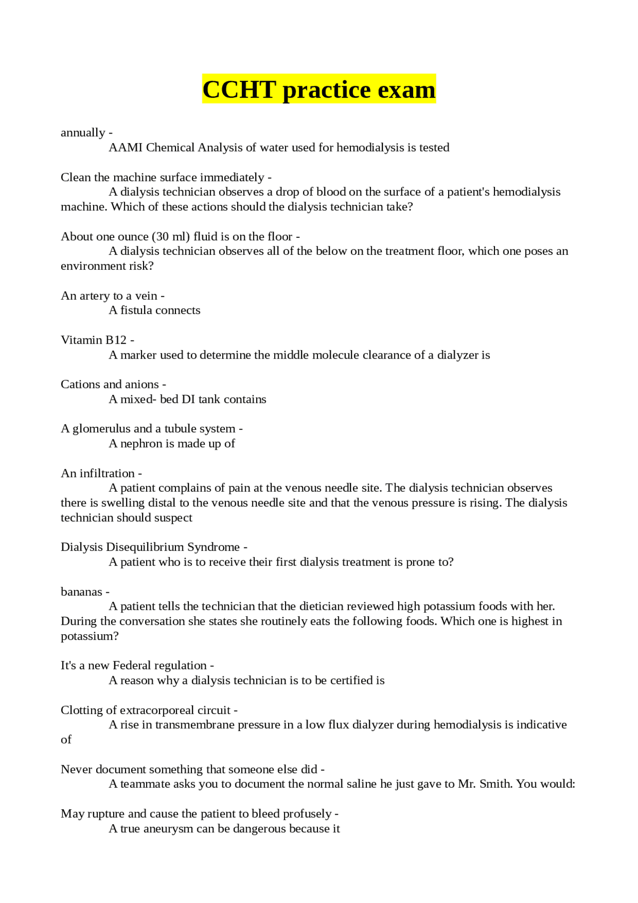 CCHT practice exam CCHT practice exam | Exams Nursing | Docsity